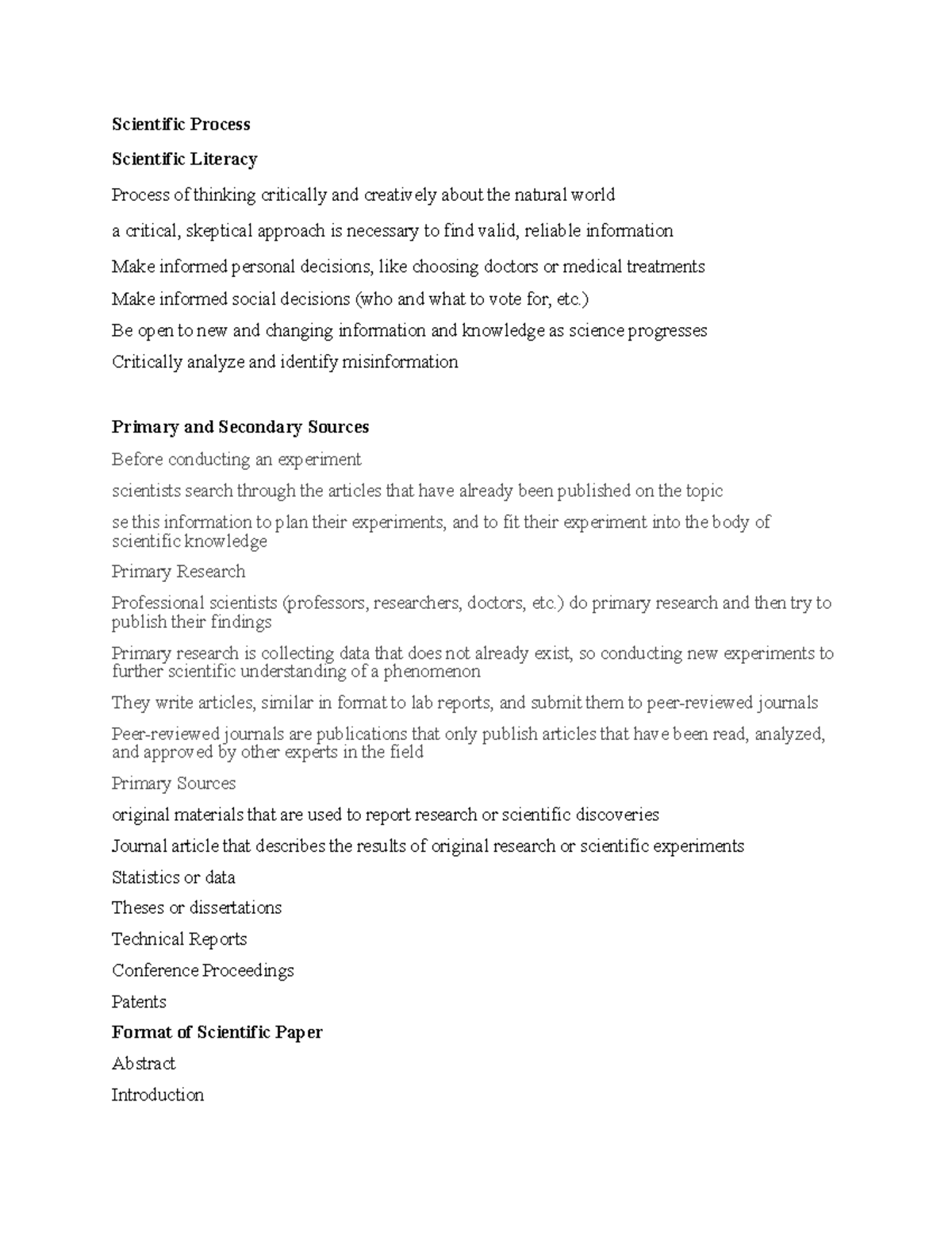 Topics in Bio Scientific Process Notes - Scientific Process Scientific ...