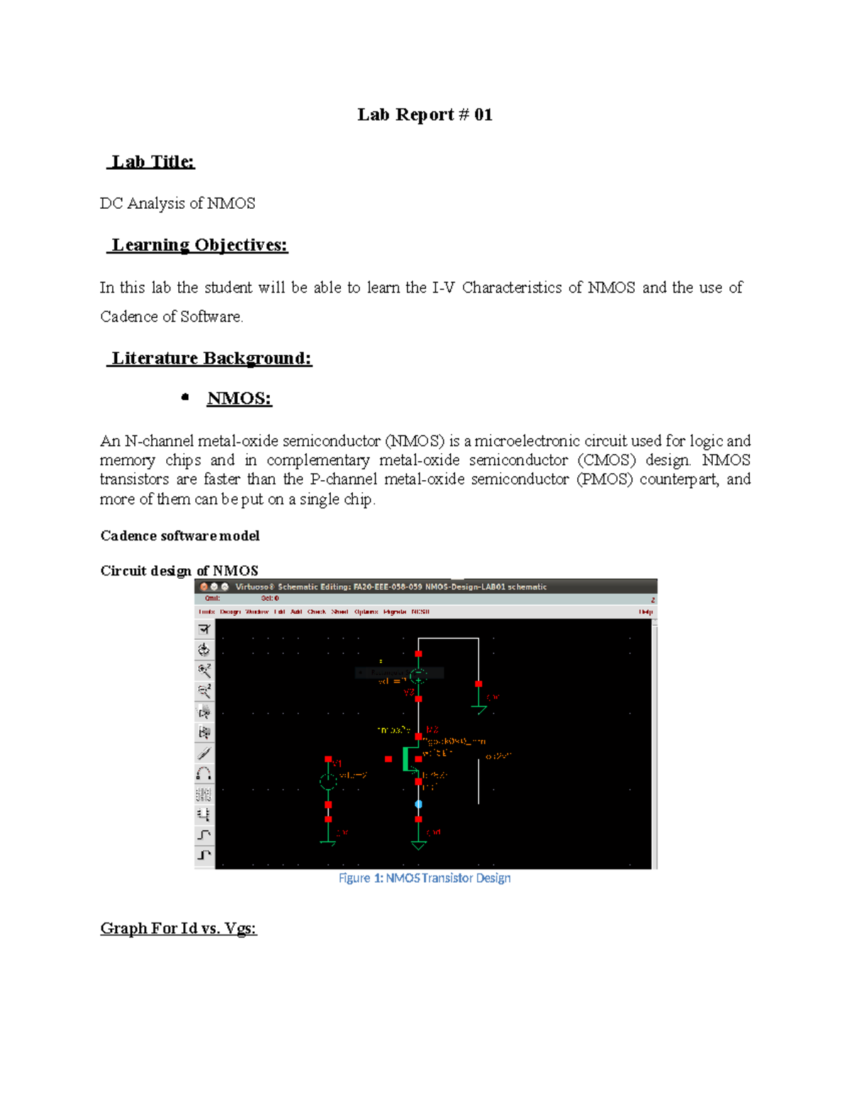NMOS-VLSI-Lab01 - VLSI LABS - Lab Report # 01 Lab Title: DC Analysis of NMOS Learning Objectives ...