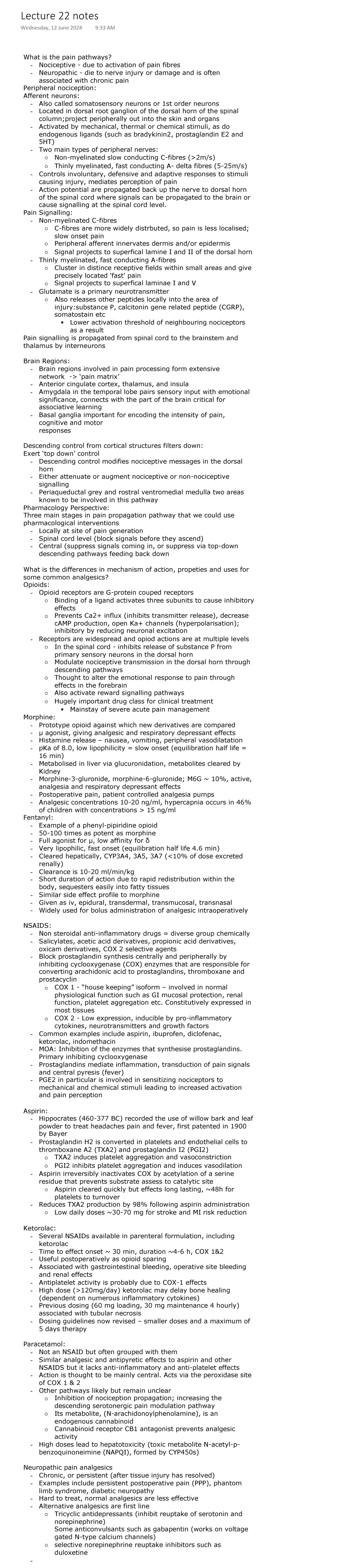 Lecture 22 notes - What is the pain pathways? Nociceptive - due to ...