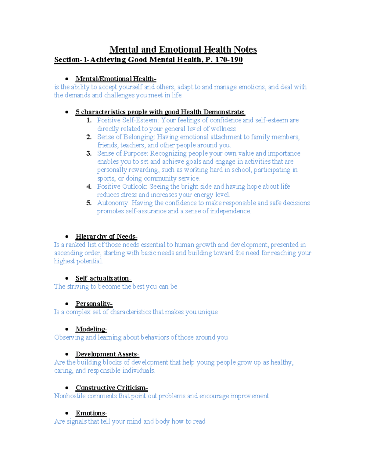 Mental and Emotional Health - Notes - Mental and Emotional Health Notes ...