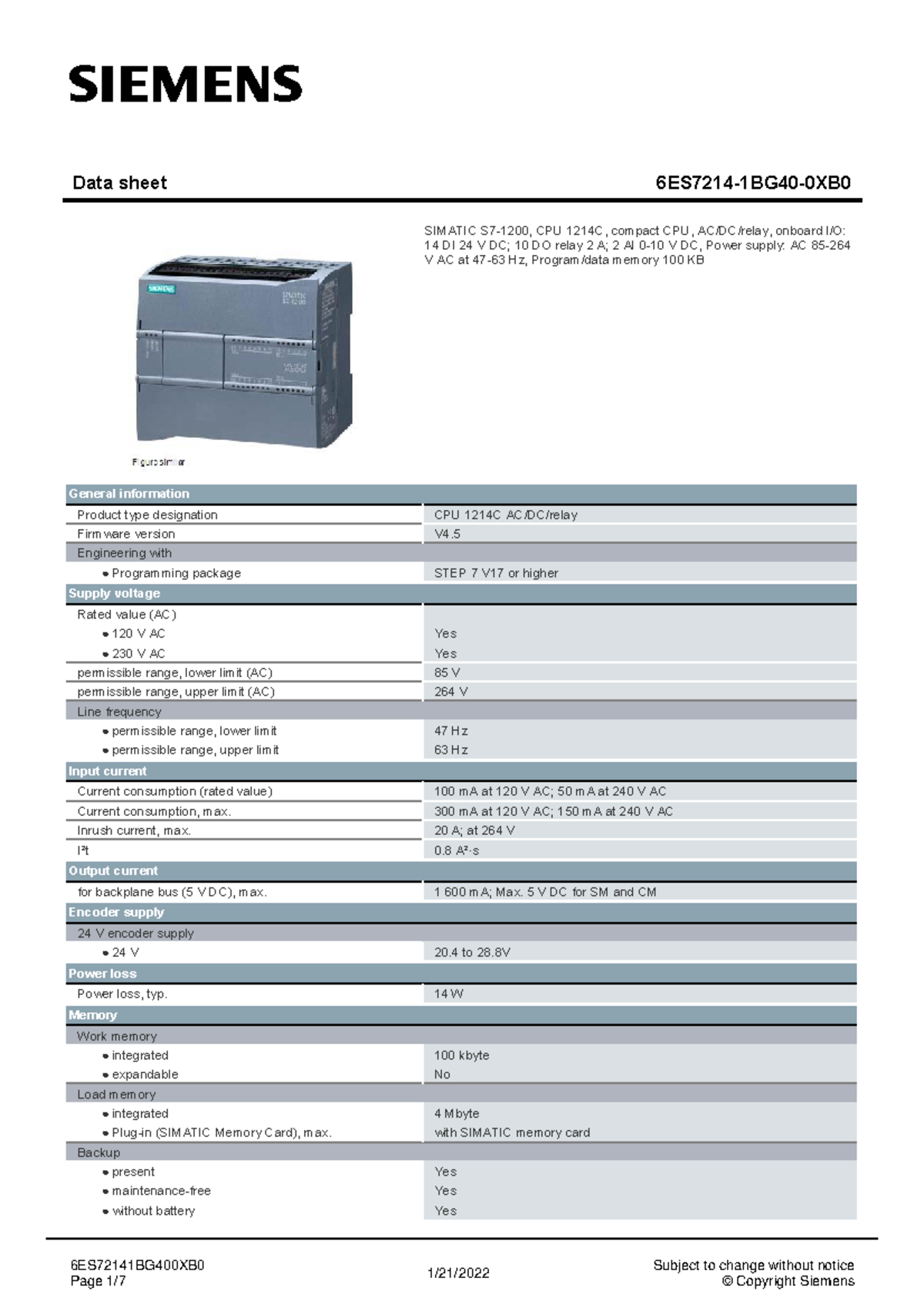 PLC S7-1200 1214 AC DC Rly - Data sheet 6ES7214-1BG40-0XB SIMATIC S7 ...