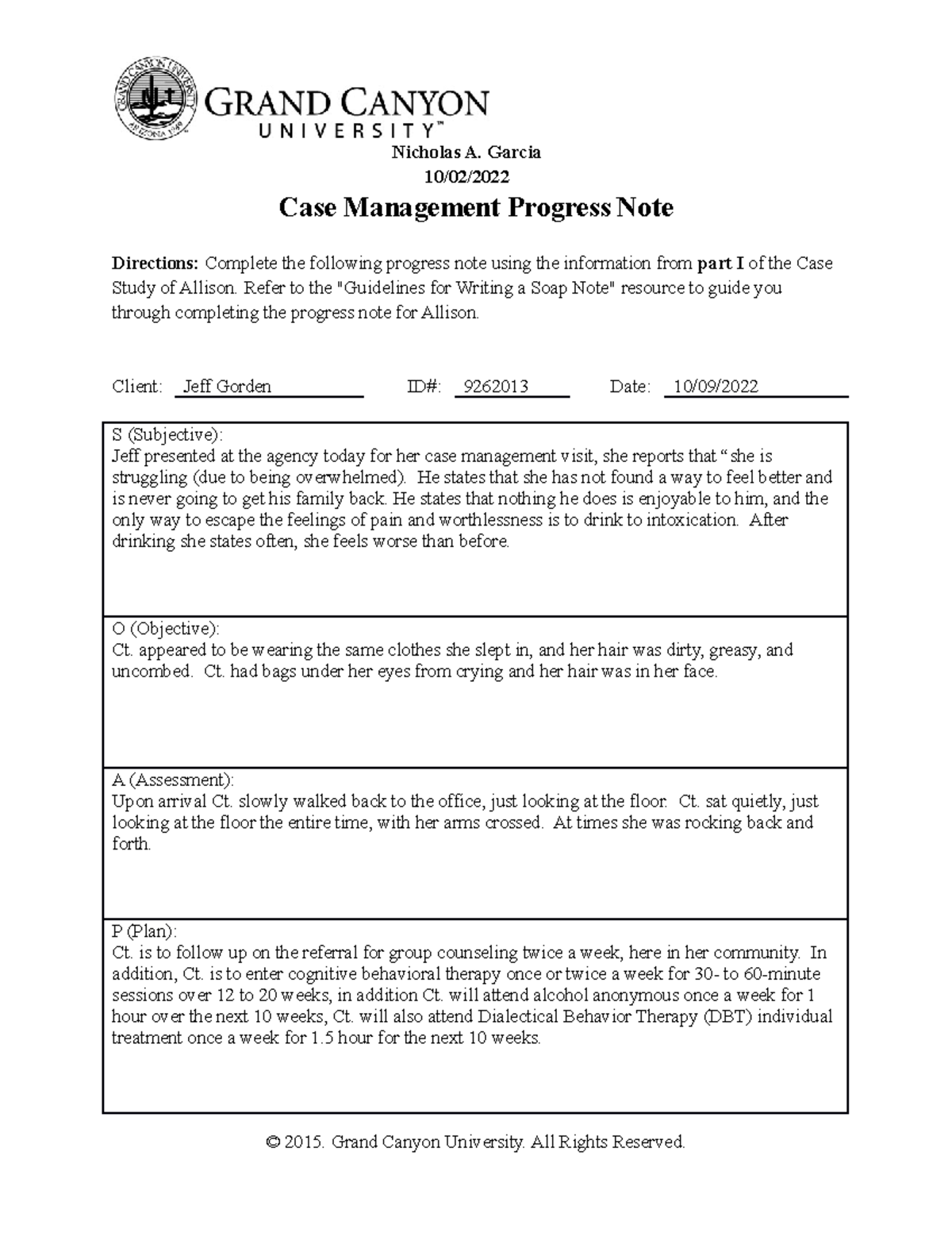 Case Management Progress Note - Nicholas A. Garcia 10/02/ Case ...