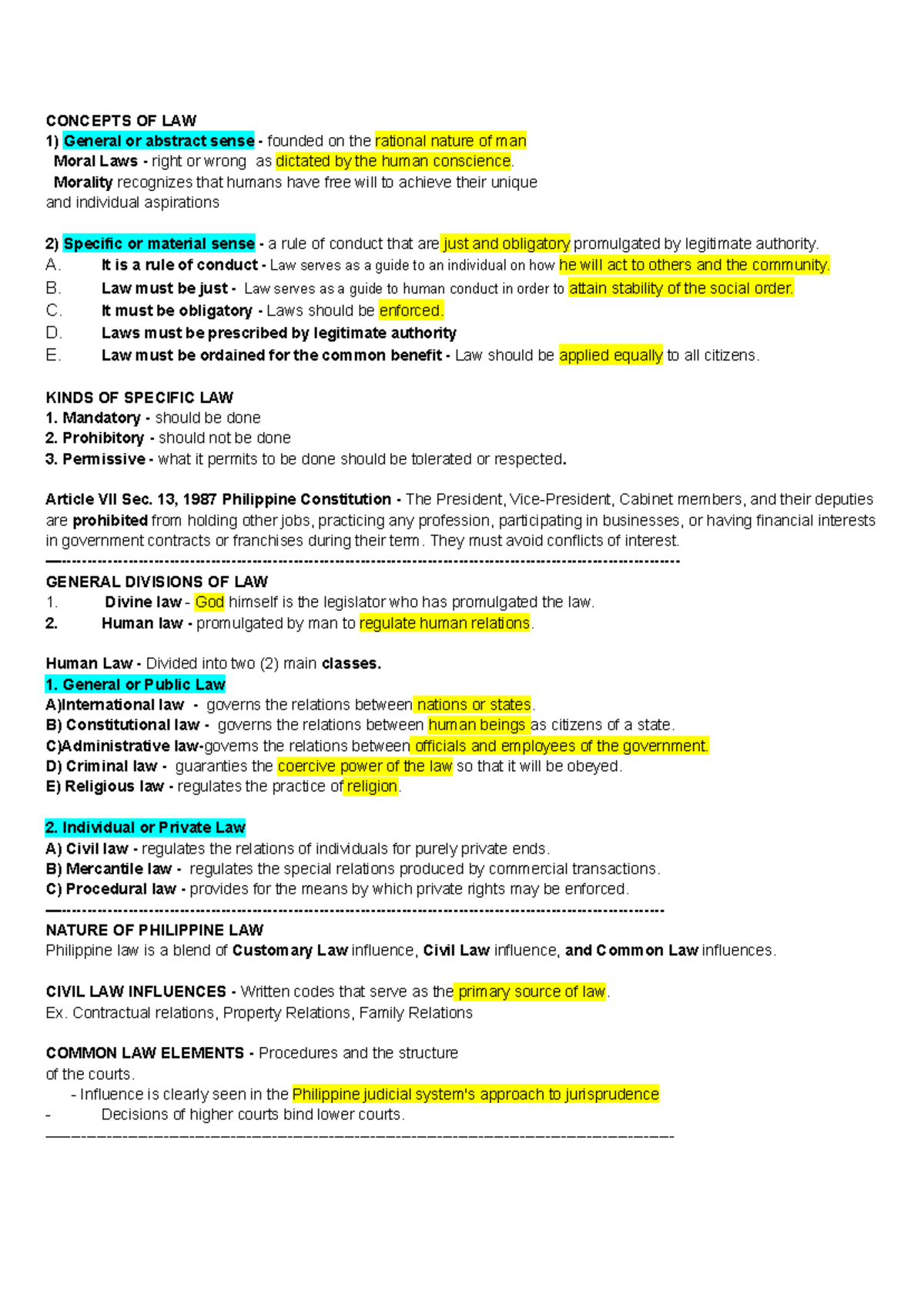 LLP Reviewer Intro - sources of law - CONCEPTS OF LAW 1) General or ...