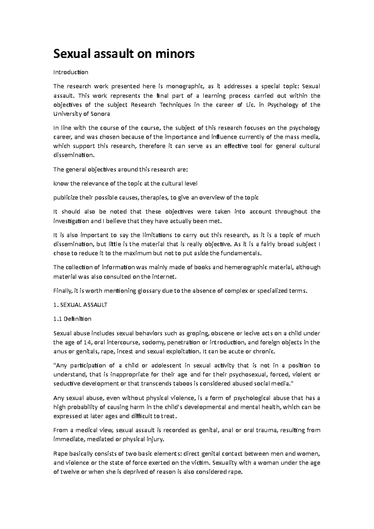 Sexual assault on minors - This work represents the final part of a ...