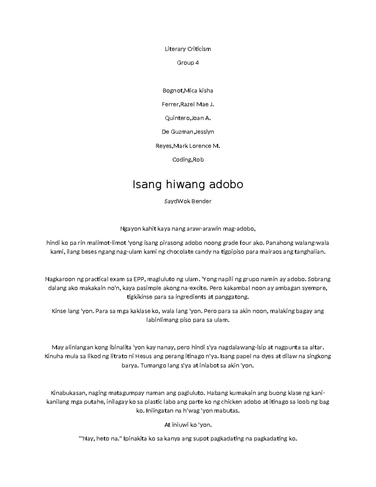 Literary Criticism - ... - Literary Criticism Group 4 Bognot,Mica kisha ...