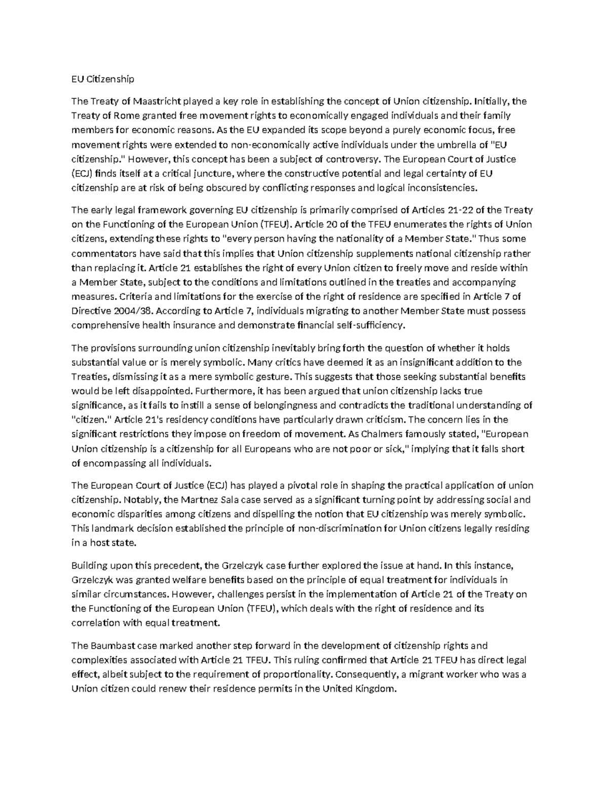 EU Citizenship Essay - EU Citizenship The Treaty of Maastricht played a ...