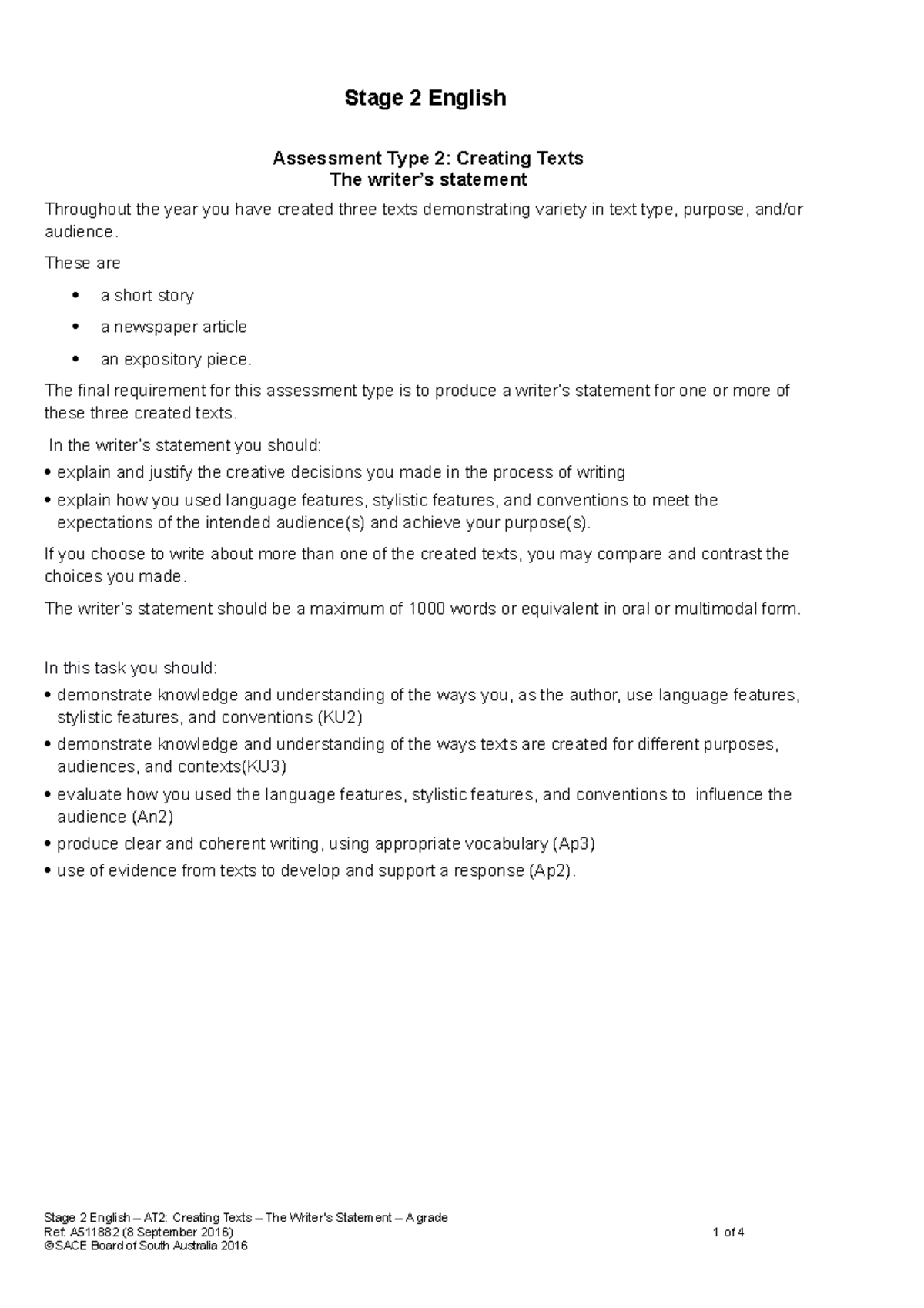The writer's statement (A grade) Sample 1 - Stage 2 English Assessment ...