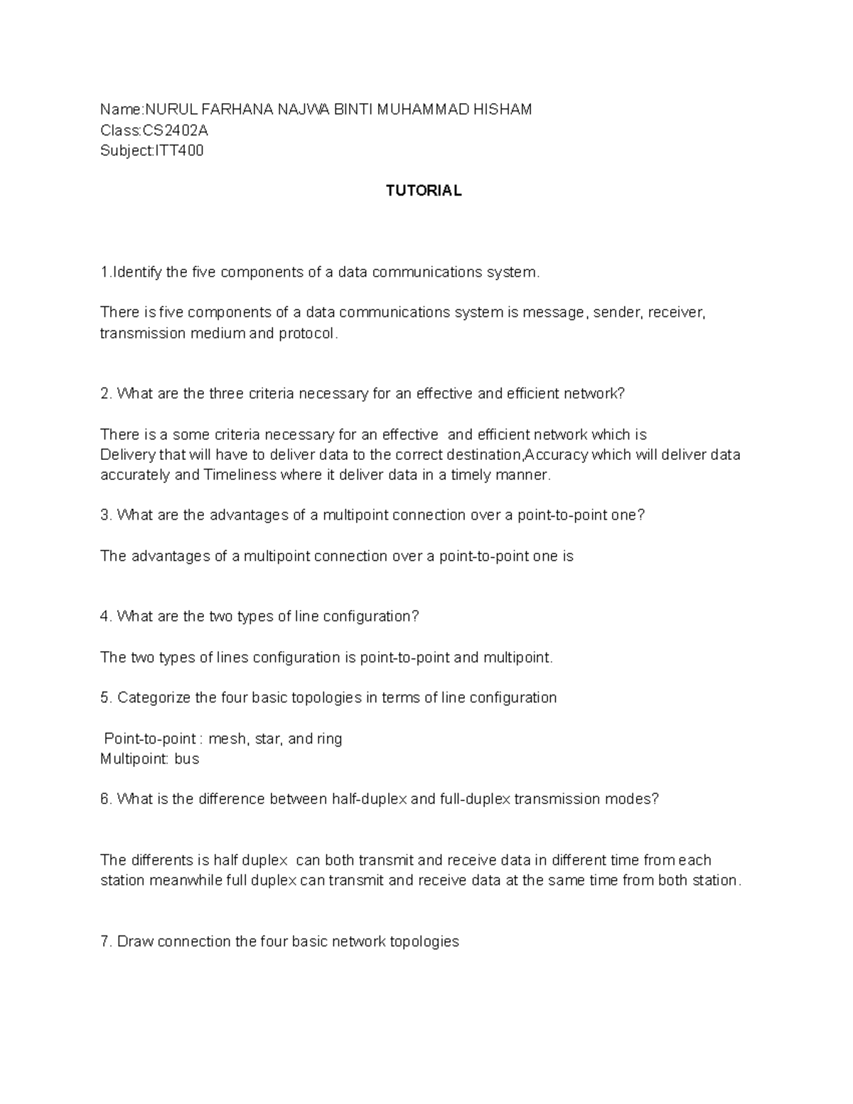 ITT400 TUTO 1 Farhana - Tuto with answer - Name:NURUL FARHANA NAJWA BINTI MUHAMMAD HISHAM - Studocu