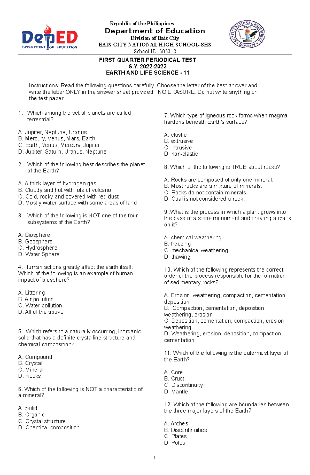 Earth AND LIFE Science Q1 First Periodical TEST - Department of ...