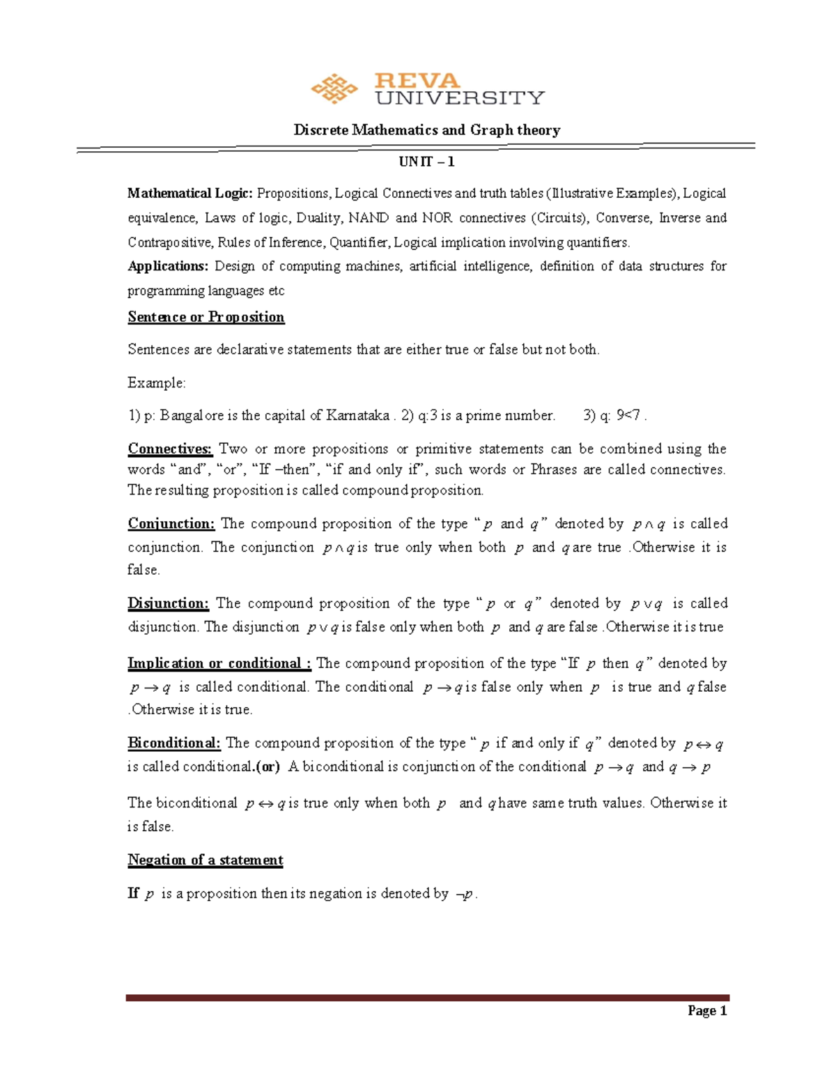 Unit-1 DMGT - ####### Discrete Mathematics and Graph theory UNIT – 1 ...