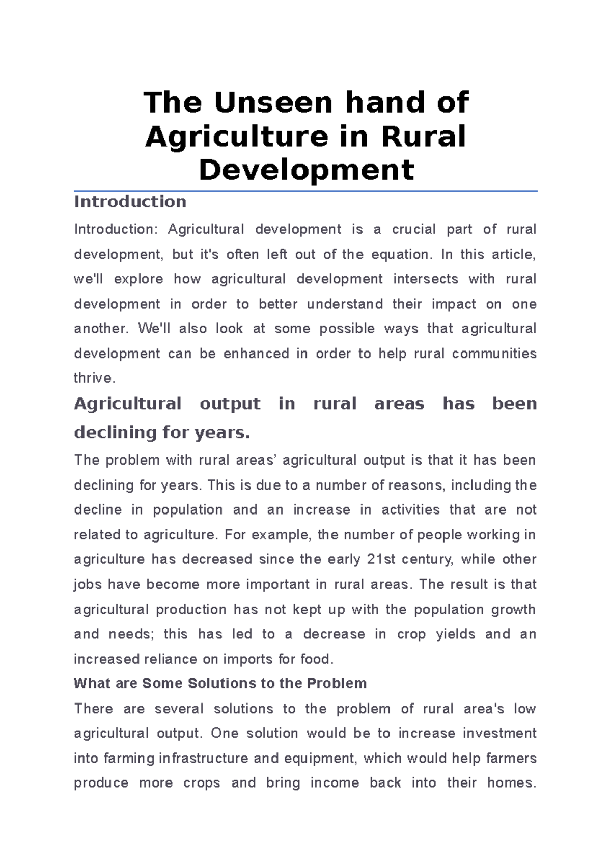The Unseen hand of Agriculture in Rural Development - The Unseen hand ...