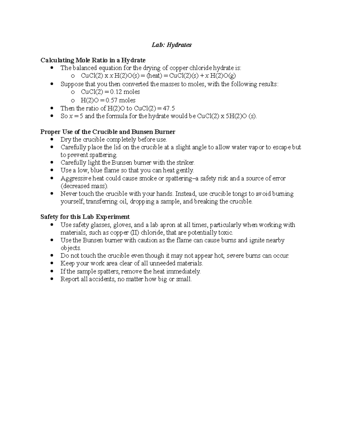 Chemistry, Hydrates Lab - Lab: Hydrates Calculating Mole Ratio in a ...