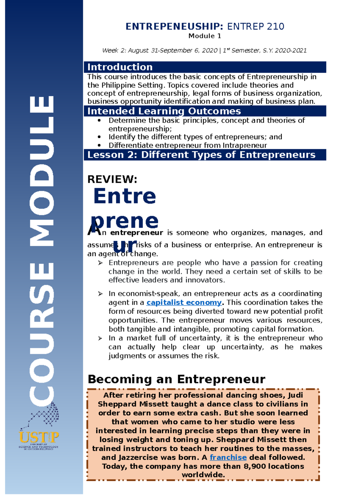 Module 1 Lesson 2 ENTREP - ENTREPENEUSHIP: ENTREP 210 Module 1 Week 2: August 31-September 6 ...