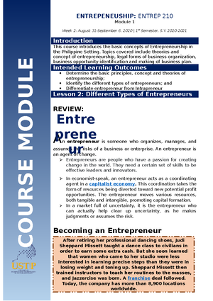 Module-1 entrep - ENTREPENEUSHIP: ENTREP 210 Module 1 Theories and ...