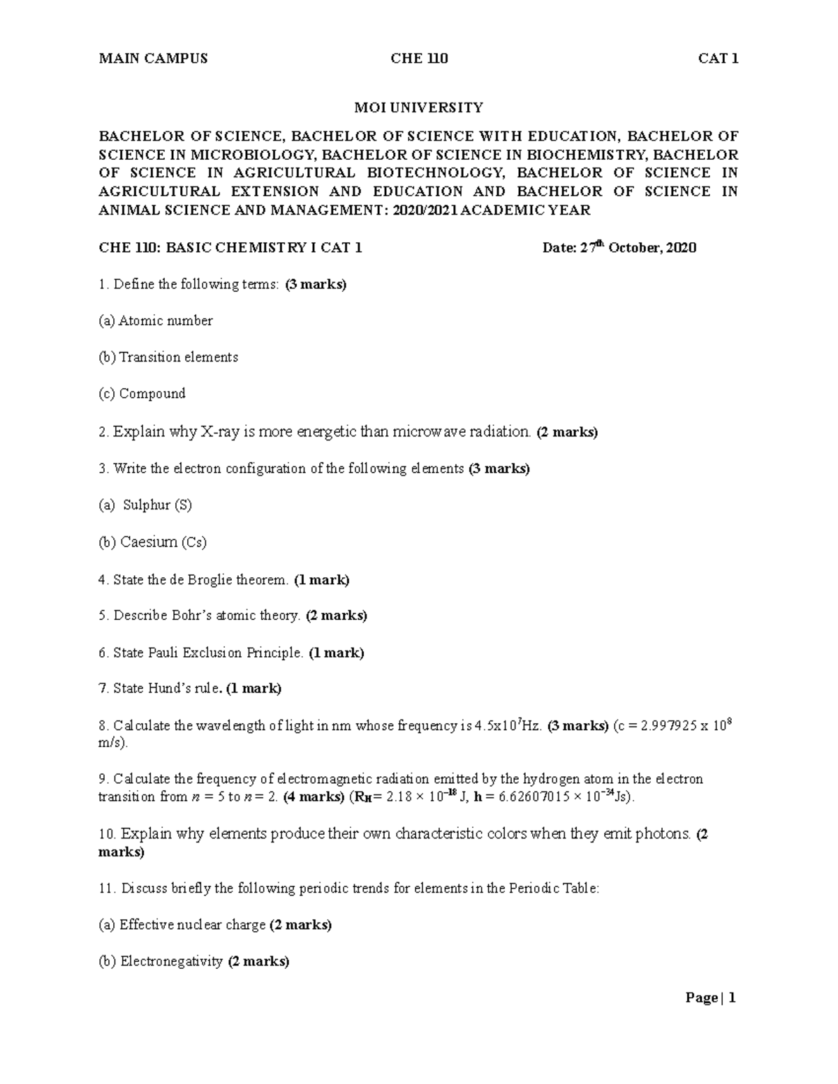 CHE 110 CAT 1 (2020-2021) - MAIN CAMPUS CHE 110 CAT 1 MOI UNIVERSITY ...