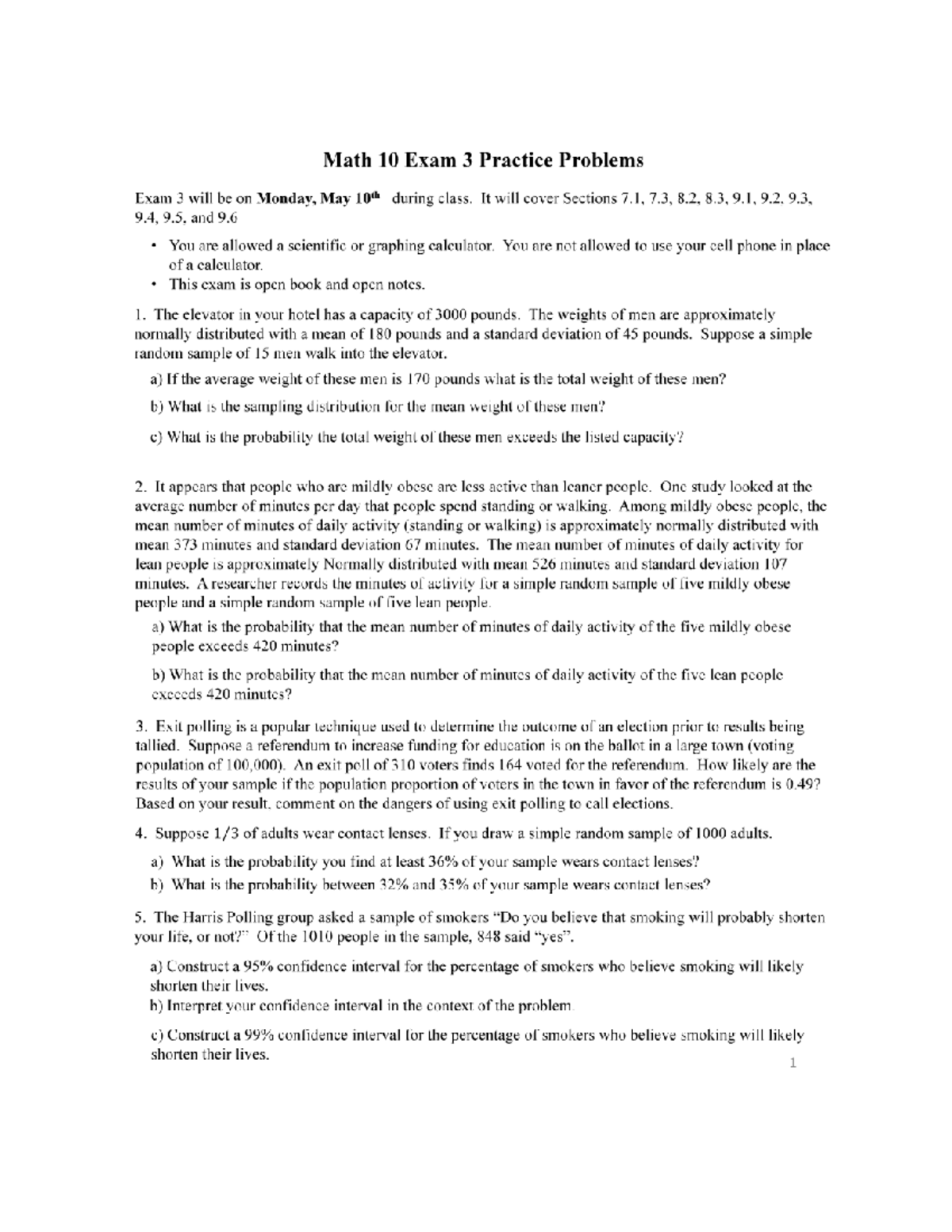 Math 10 Practice Problems for Exam 3 - MAT 010 - Studocu