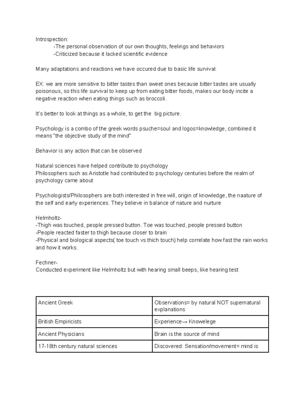 Chapter 1 Notes - Introspection: -The personal observation of our own ...