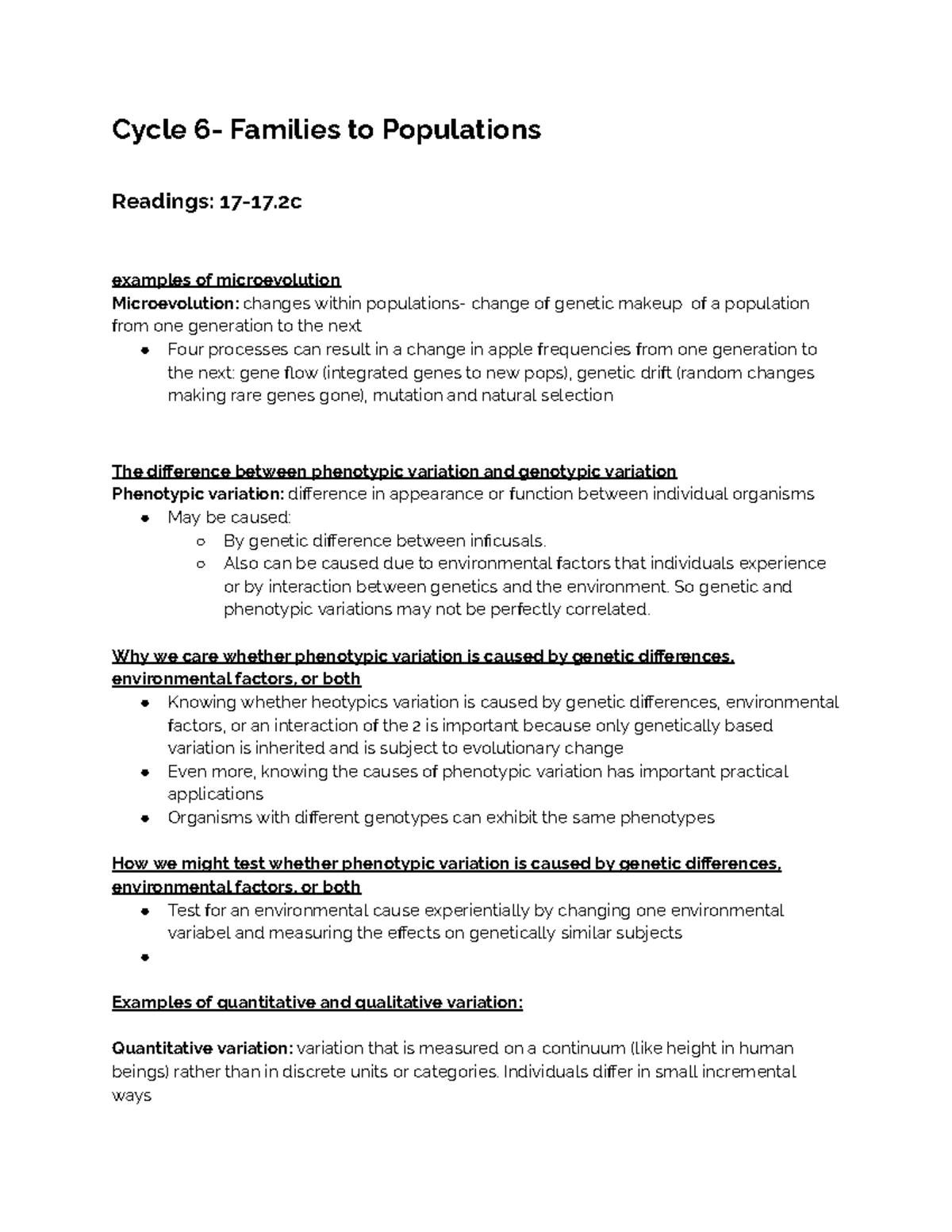 Biology Cycle 6 Notes - Cycle 6- Families to Populations Readings: 17 ...
