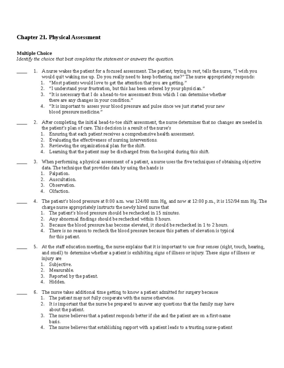CH21.rtf - test bank - Chapter 21. Physical Assessment Multiple Choice ...