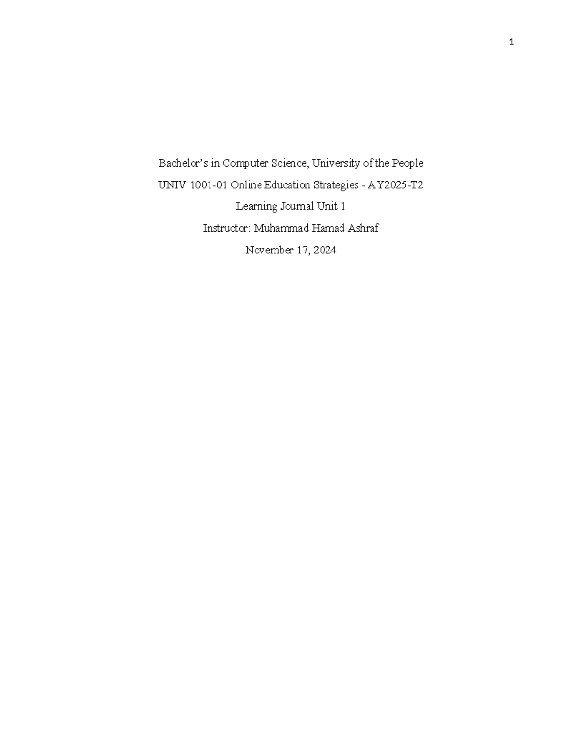 Learning Journal Unit 1 Univ 1001 01 1 Bachelors In Computer Science University Of The 