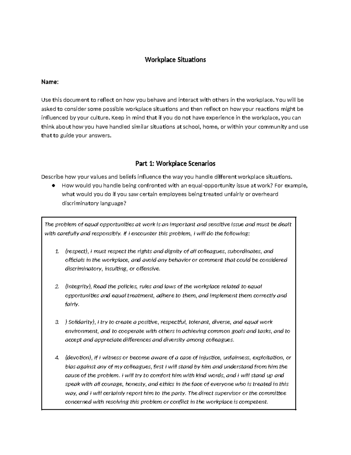 SCS-2000 4 Workplace Situations - Workplace Situations Name: Use this ...