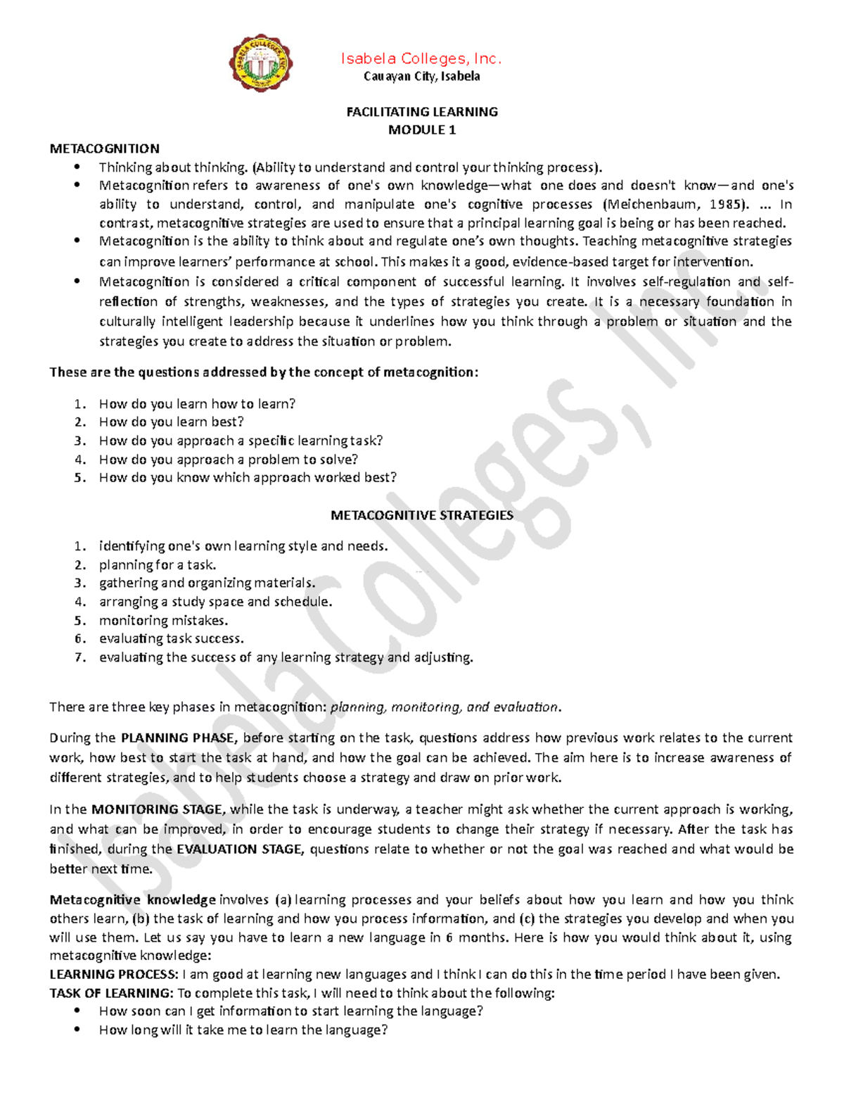 Facilitating Learning M1 - Isabela Colleges, Inc. Cauayan City, Isabela ...