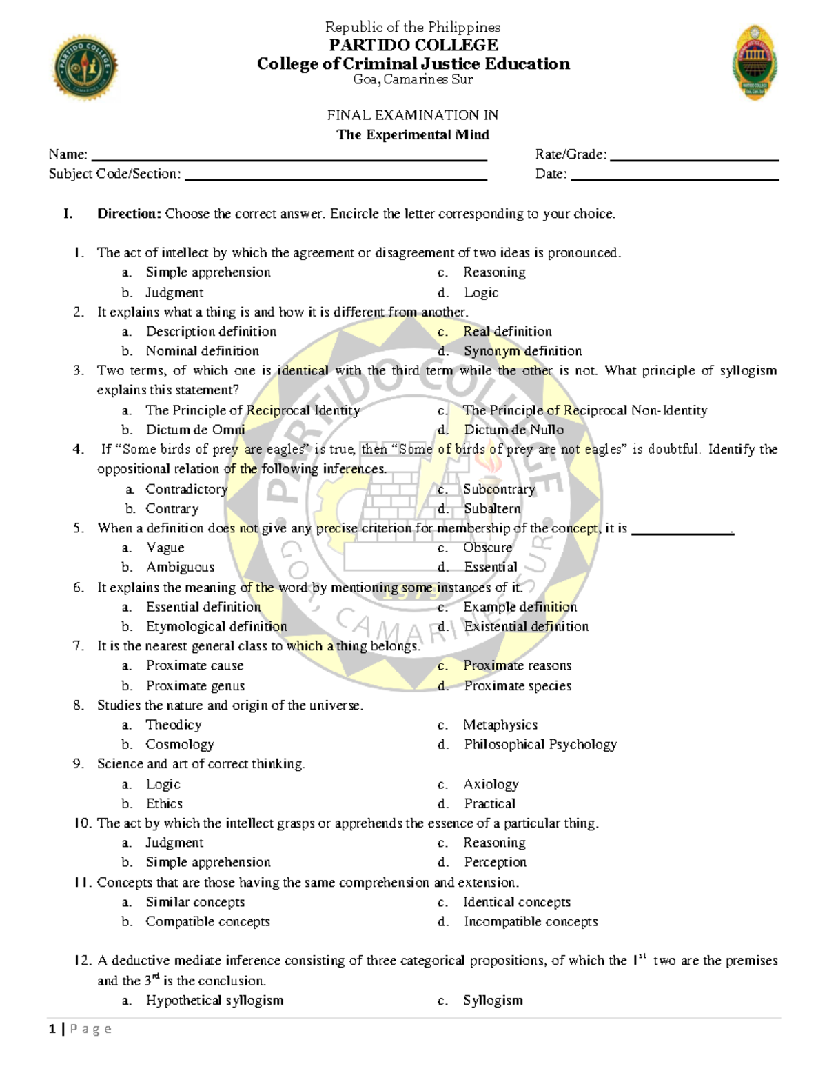 Final Examination IN PDF - PARTIDO COLLEGE College of Criminal Justice ...