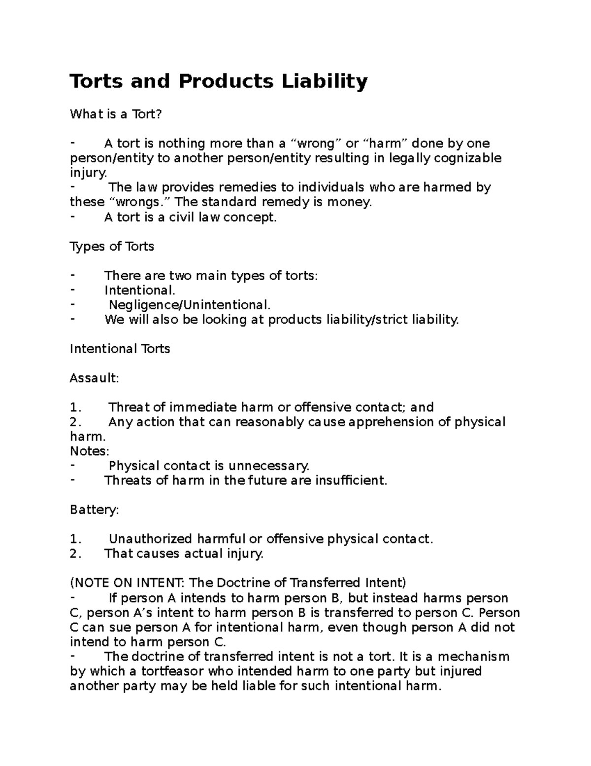 Torts and Products Liability Part 1 - Torts and Products Liability What ...