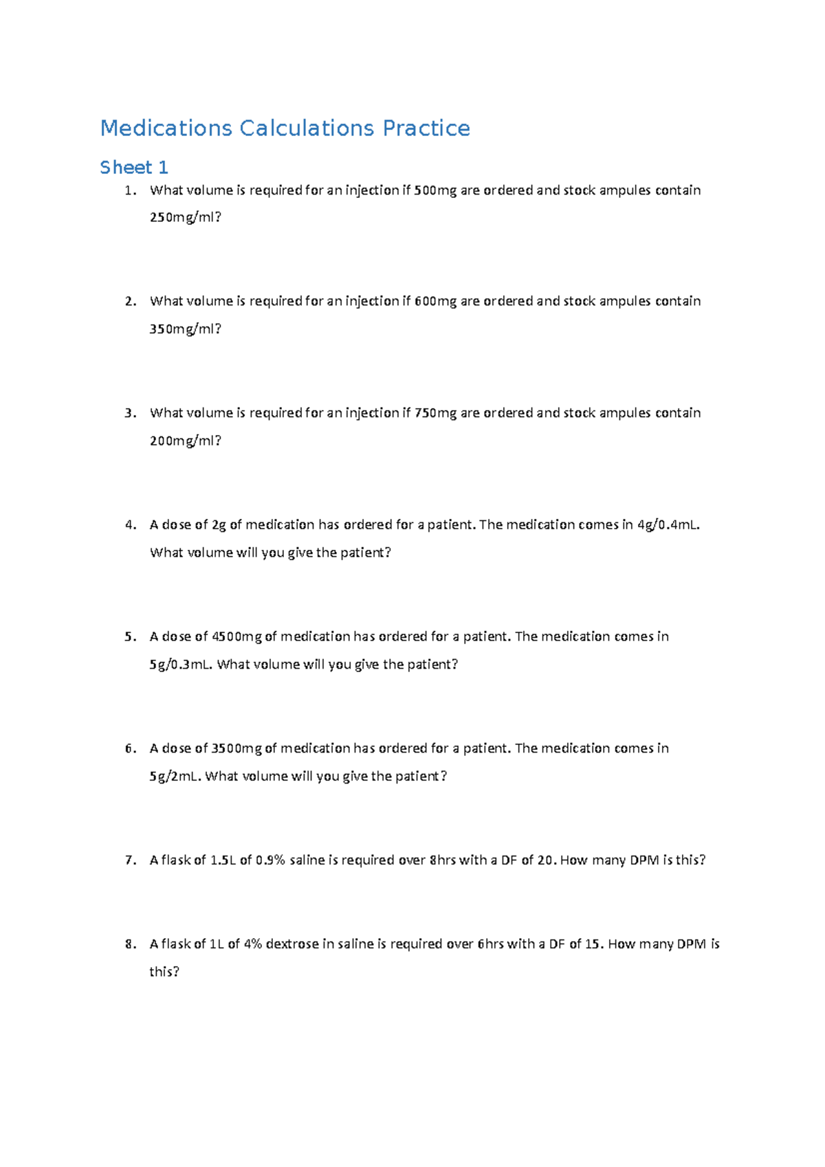 Meds practice sheets x3 - Medications Calculations Practice Sheet 1 1 ...