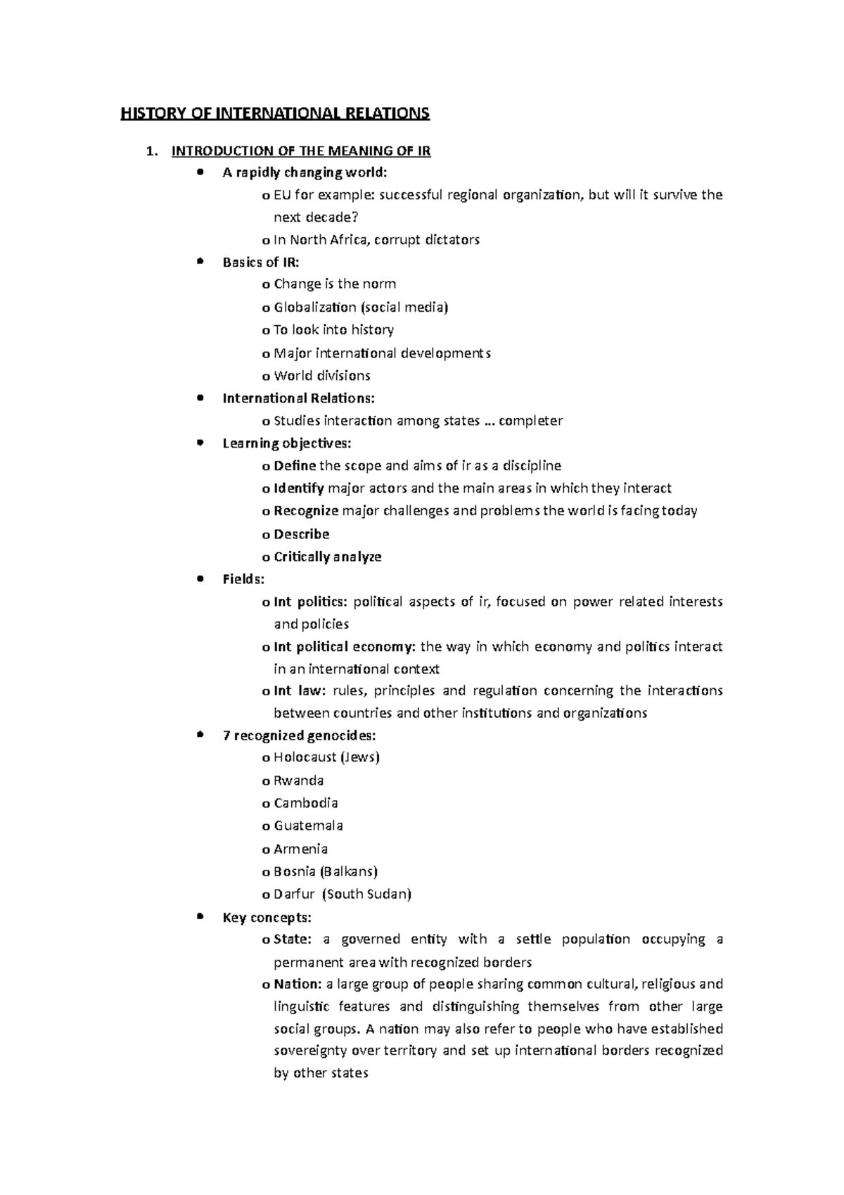 Class Notes History IR - HISTORY OF INTERNATIONAL RELATIONS 1 ...
