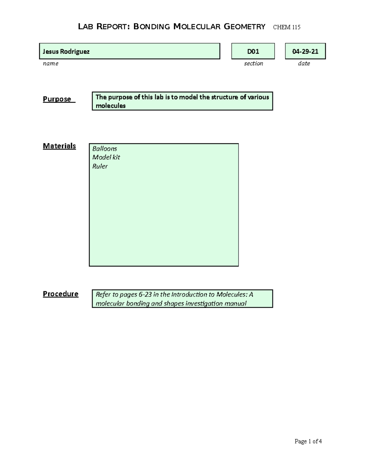 Lab Report Bonding Molecular Geometry - LAB REPORT: BONDING MOLECULAR ...