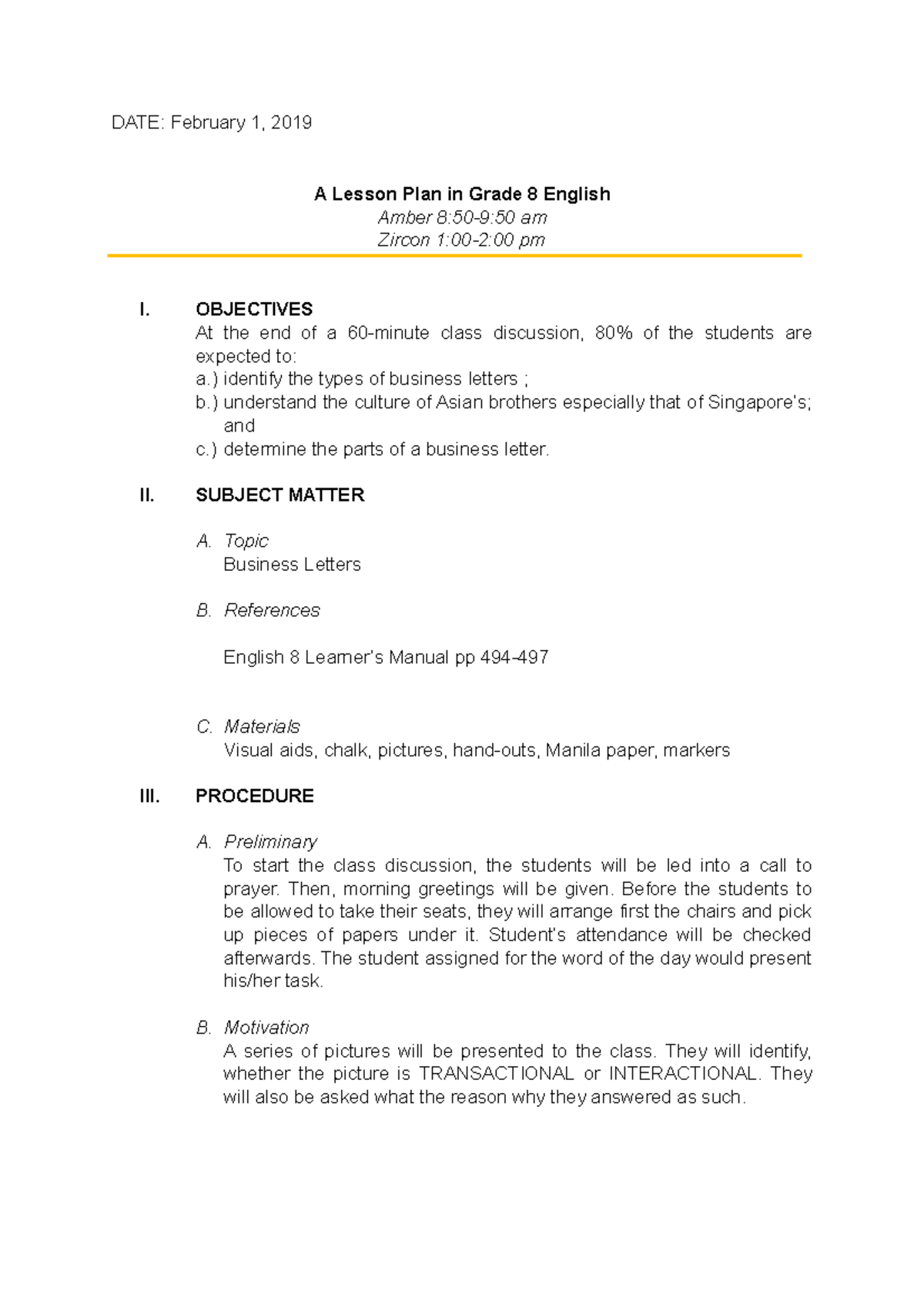 02-01-2019 Business Letter - DATE: February 1, 2019 A Lesson Plan in ...