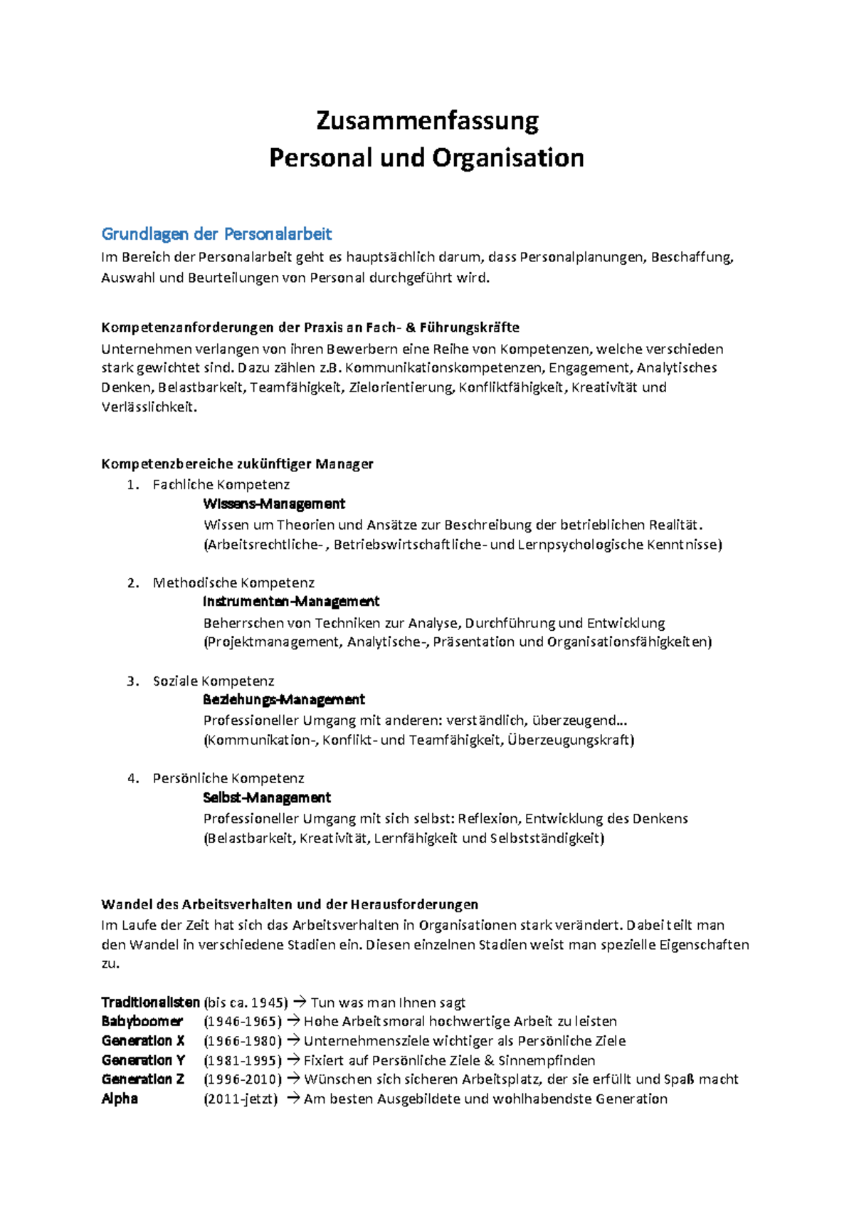 Zusammenfassung Personal und Organisation - Warning: TT: undefined function: 32 Zusammenfassung ...