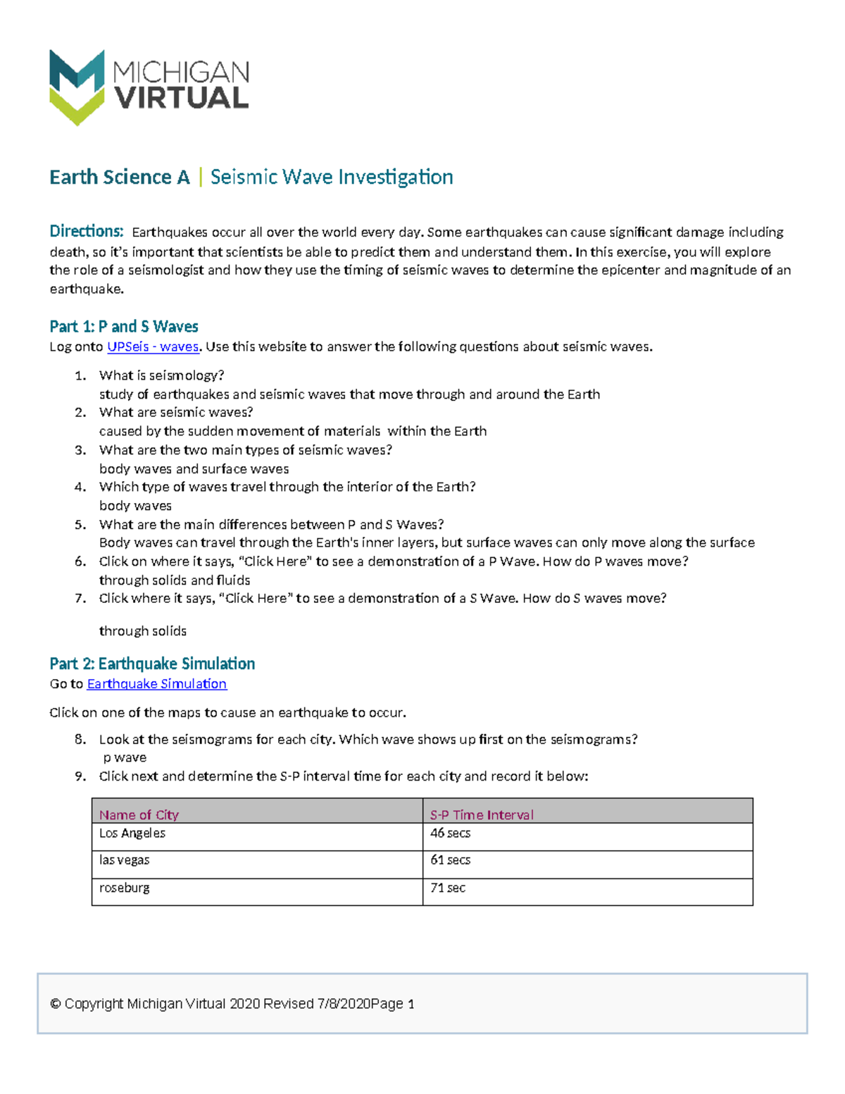 U5 Seismic Wave Investigation - Earth Science A | Seismic Wave ...