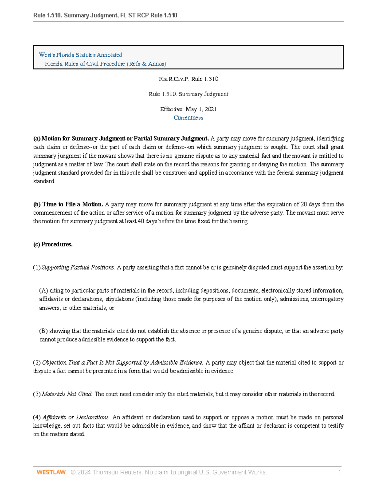 FL Summary Judgment primer - West's Florida Statutes Annotated Florida ...