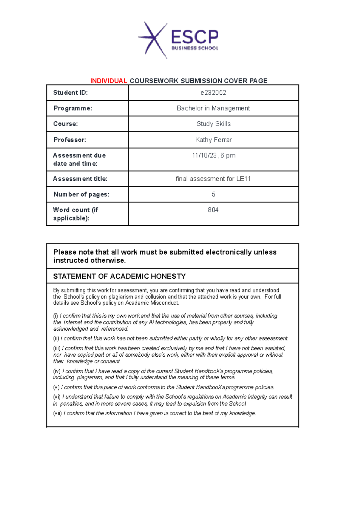 Individual coursework submission cover page - INDIVIDUAL COURSEWORK ...