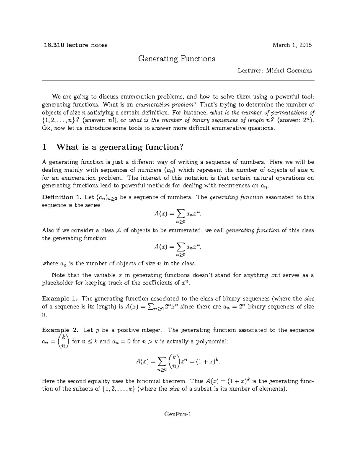 Generating Function Notes 18 Lecture Notes March 1 2015 Generating 6758