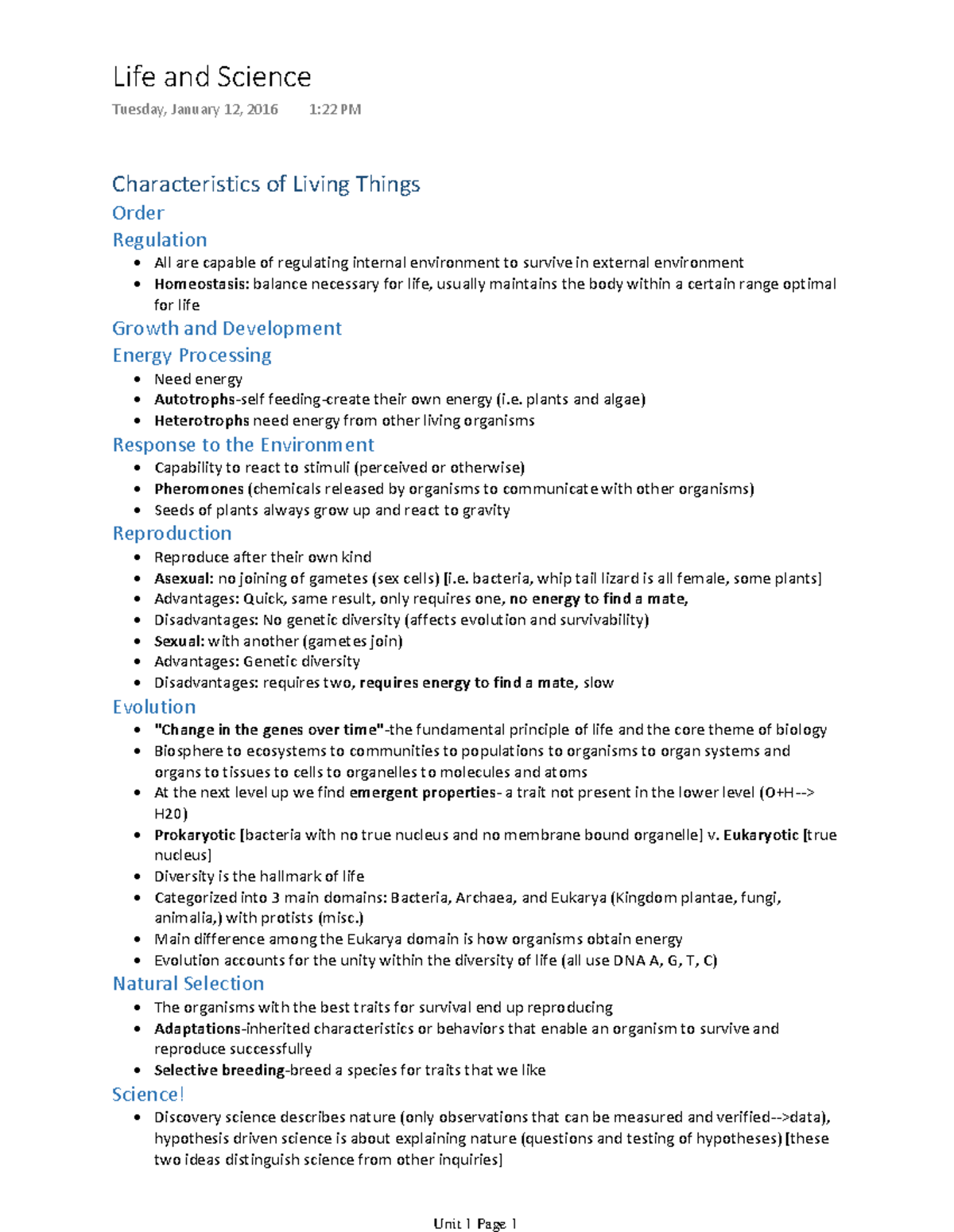 Bio 1010 Notes containing information from all lectures - Life and ...