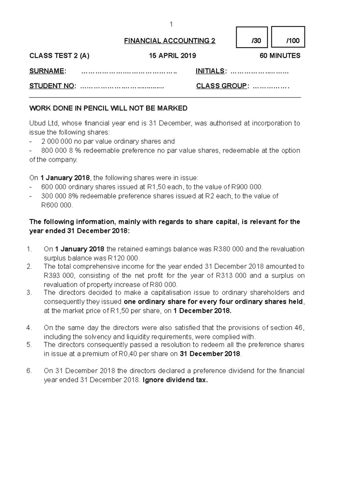 Financial Accounting Class Test - FINANCIAL ACCOUNTING 2 CLASS TEST 2 ...