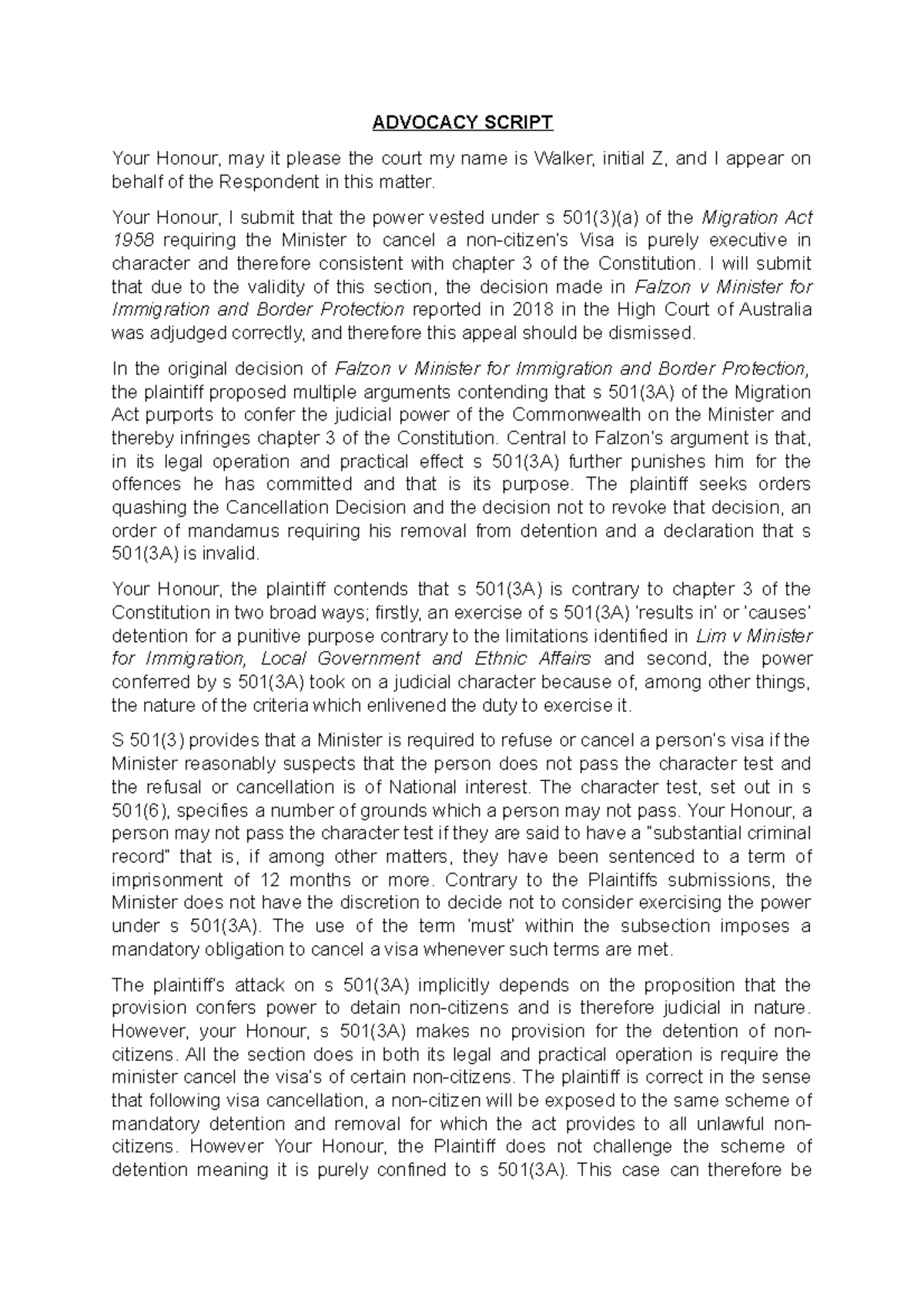 Script for assignment - ADVOCACY SCRIPT Your Honour, may it please the ...