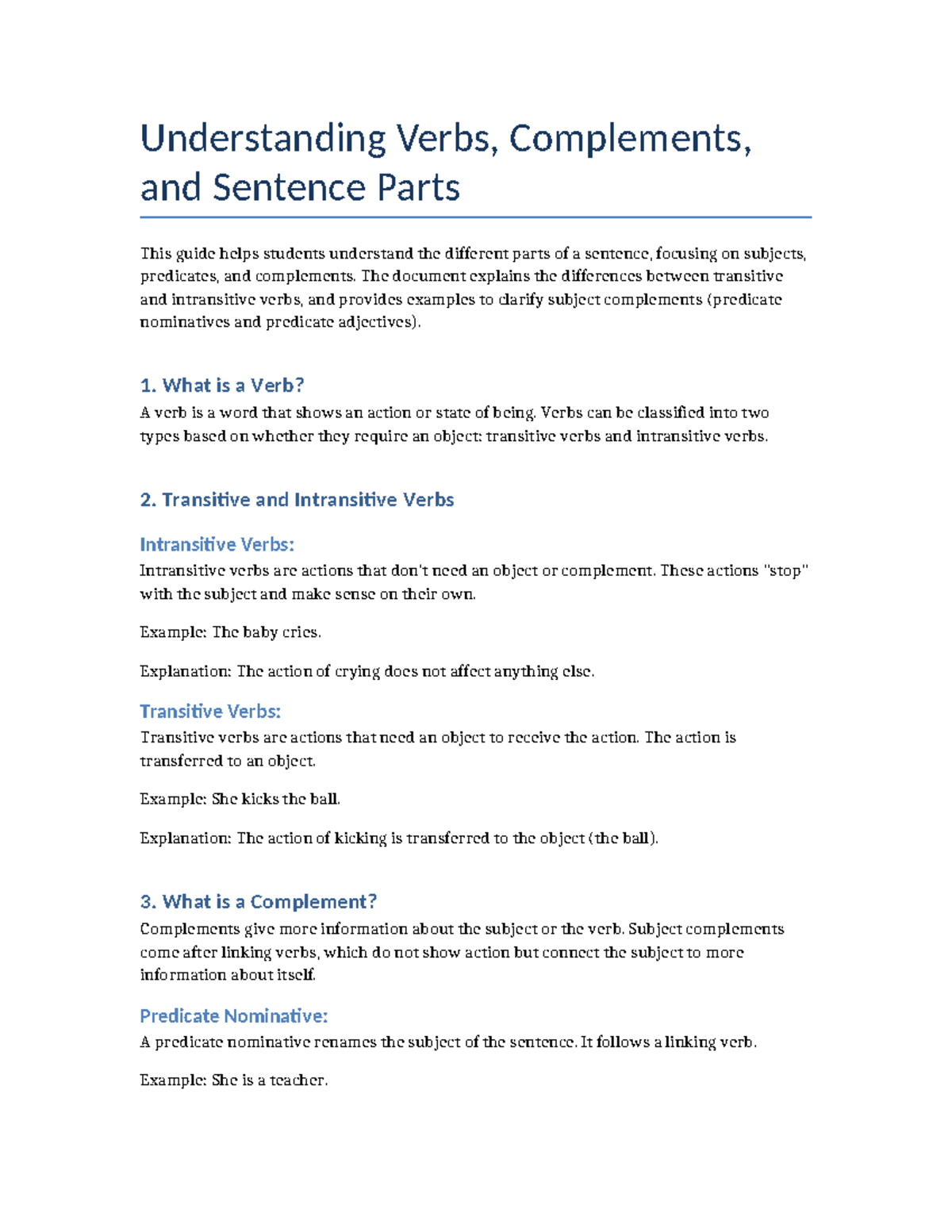 Verb Complement Exercises - Understanding Verbs, Complements, and ...