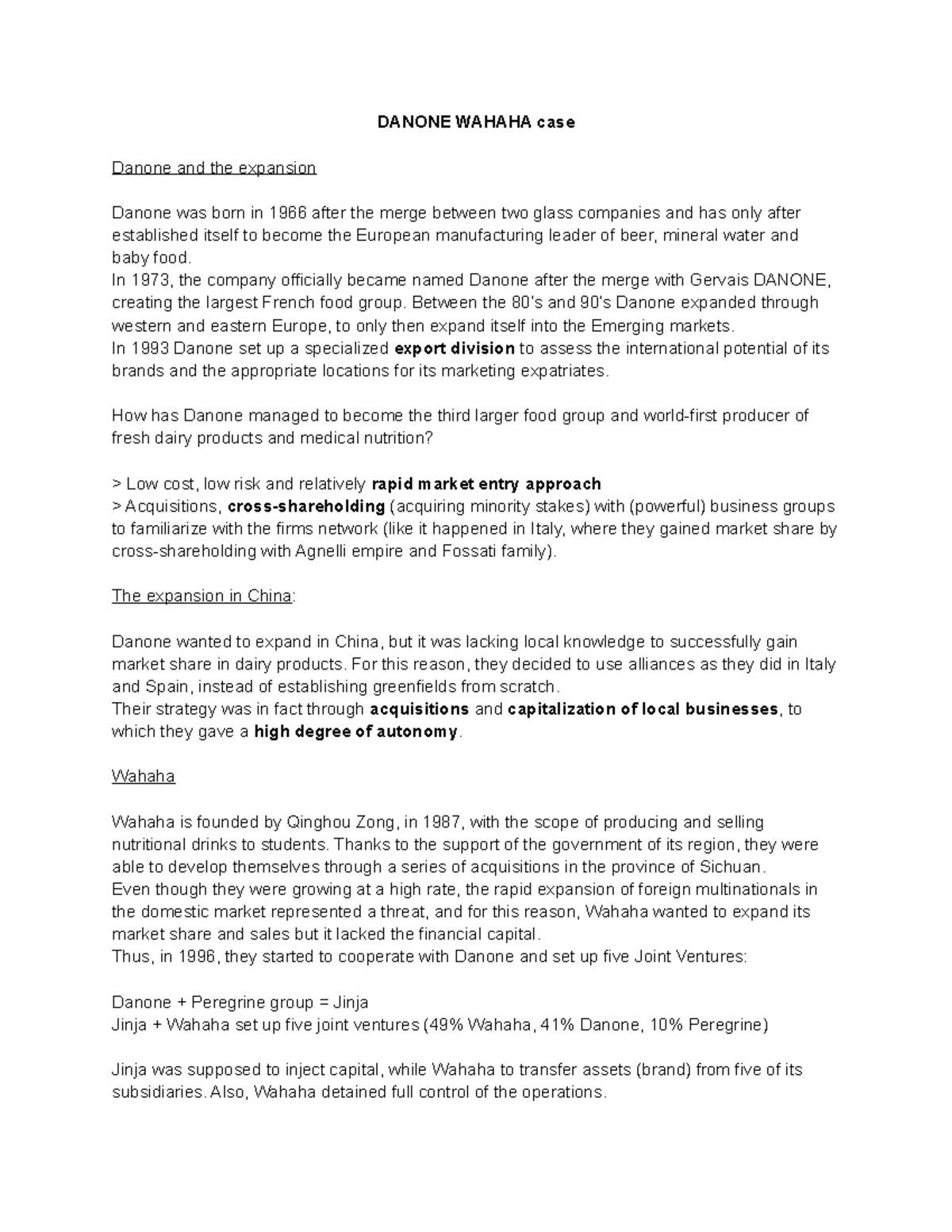 Summary case study Danone Wahaha Group - DANONE WAHAHA case Danone and ...