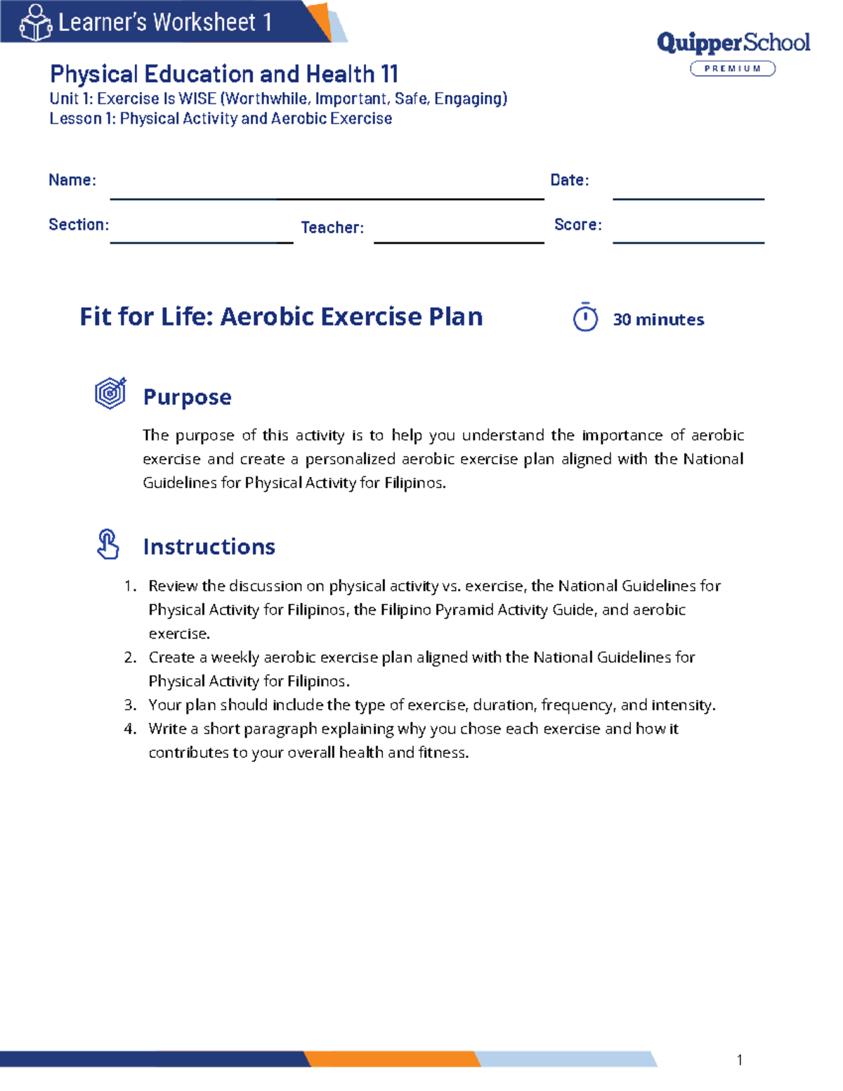 PEH 11 Q1 0101 Physical Activity and Aerobic Exercise SW1 - Physical ...
