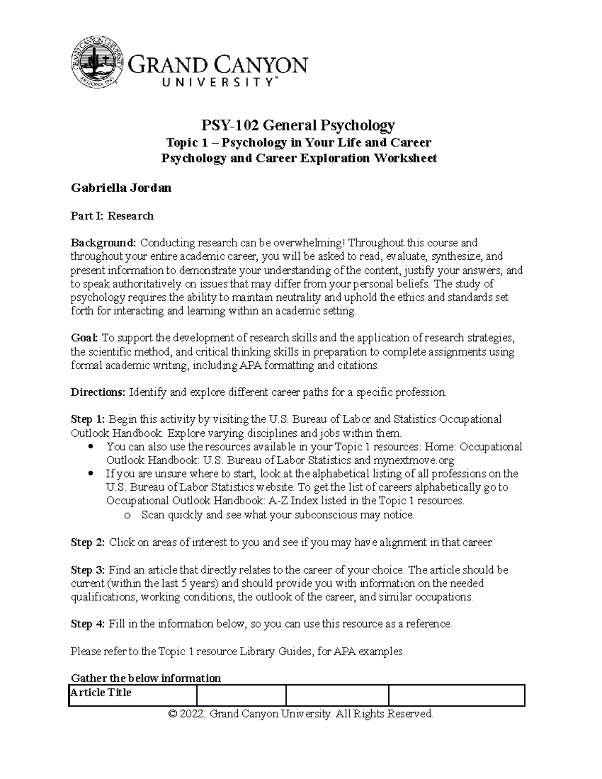 PSY 102 T1 RS Psychologyand Career Exploration Worksheet - PSY-102 ...