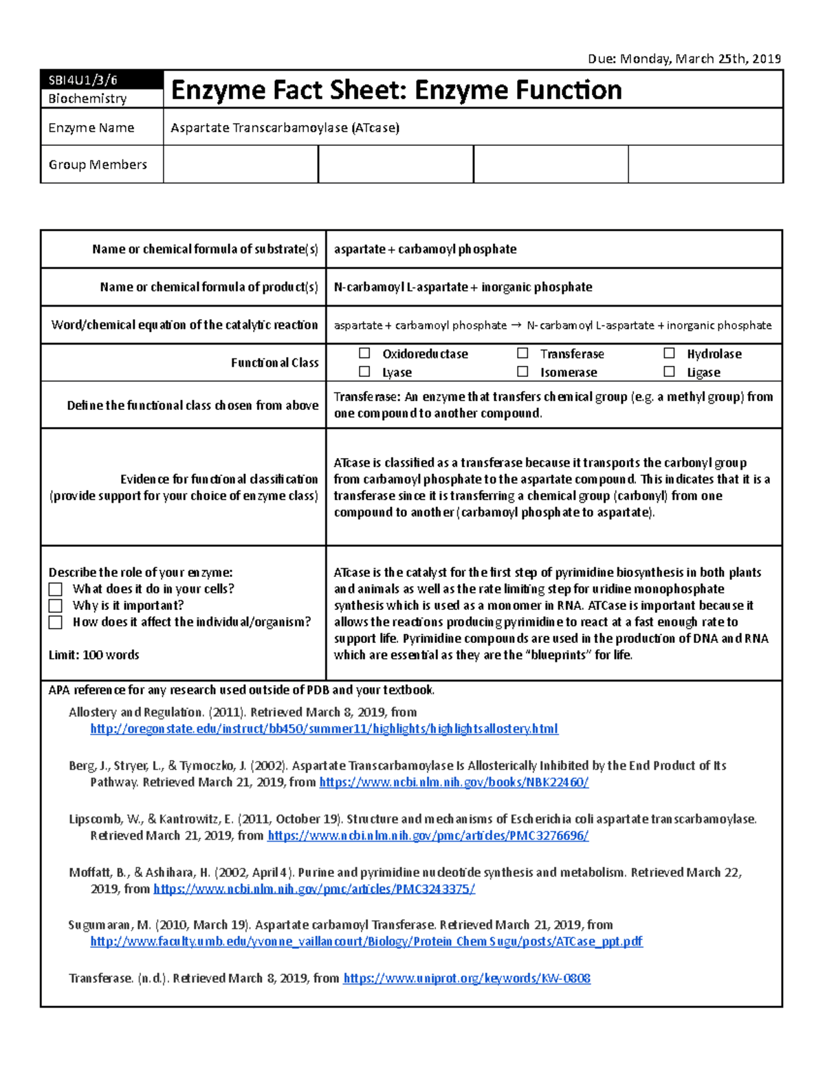 Culminating Enzyme - Fact Sheets - Due: Monday, March 25th, 2019 SBI4U1 ...