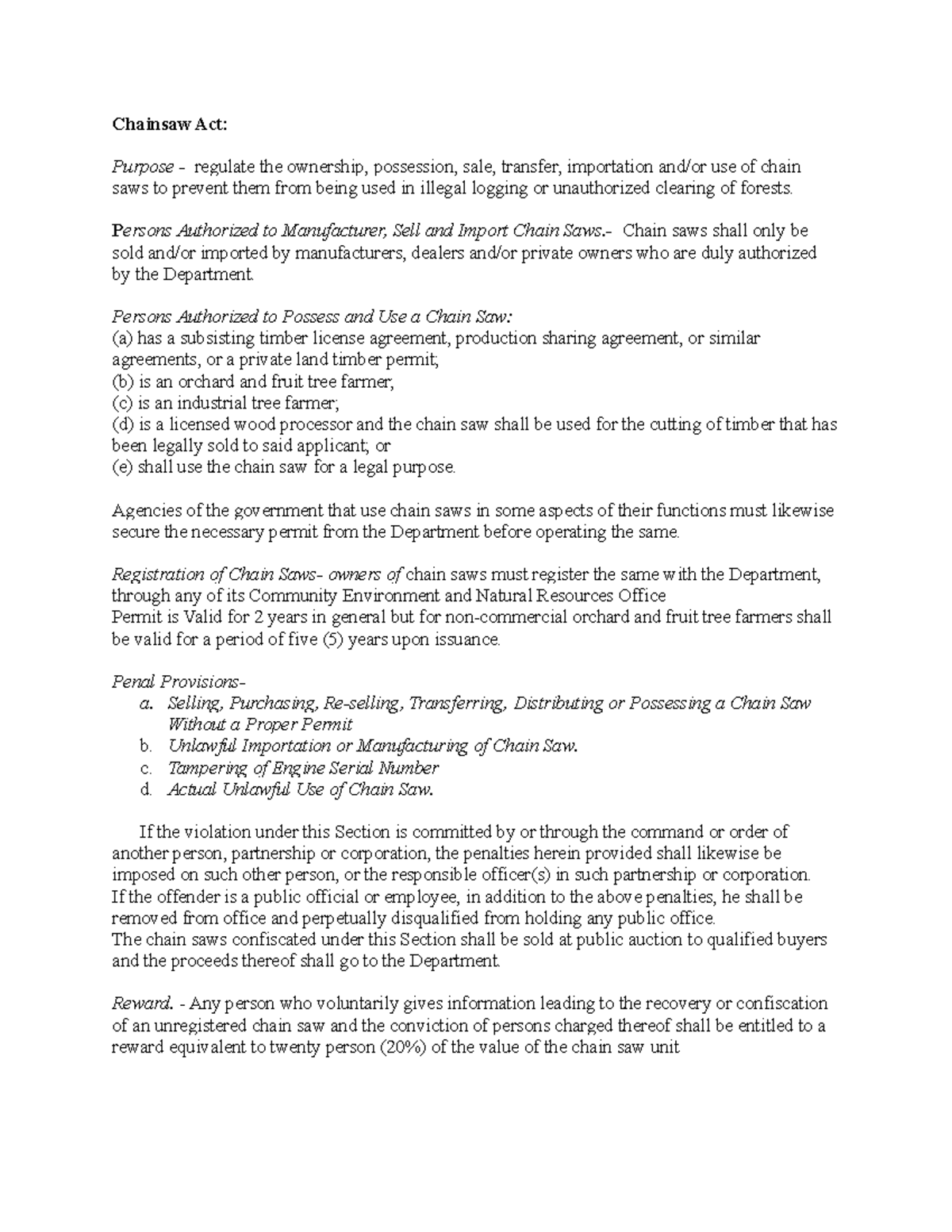 Chainsaw Act and National Caves act - Chainsaw Act: Purpose - regulate ...