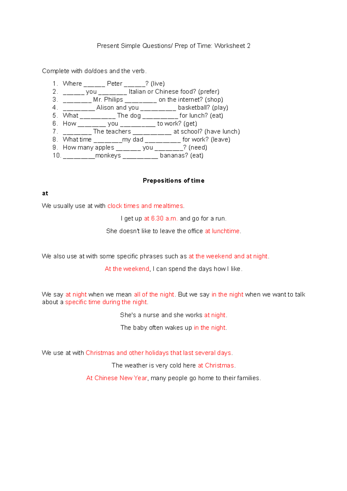 Present Simple Questions Worksheet 2 - Present Simple Questions/ Prep ...