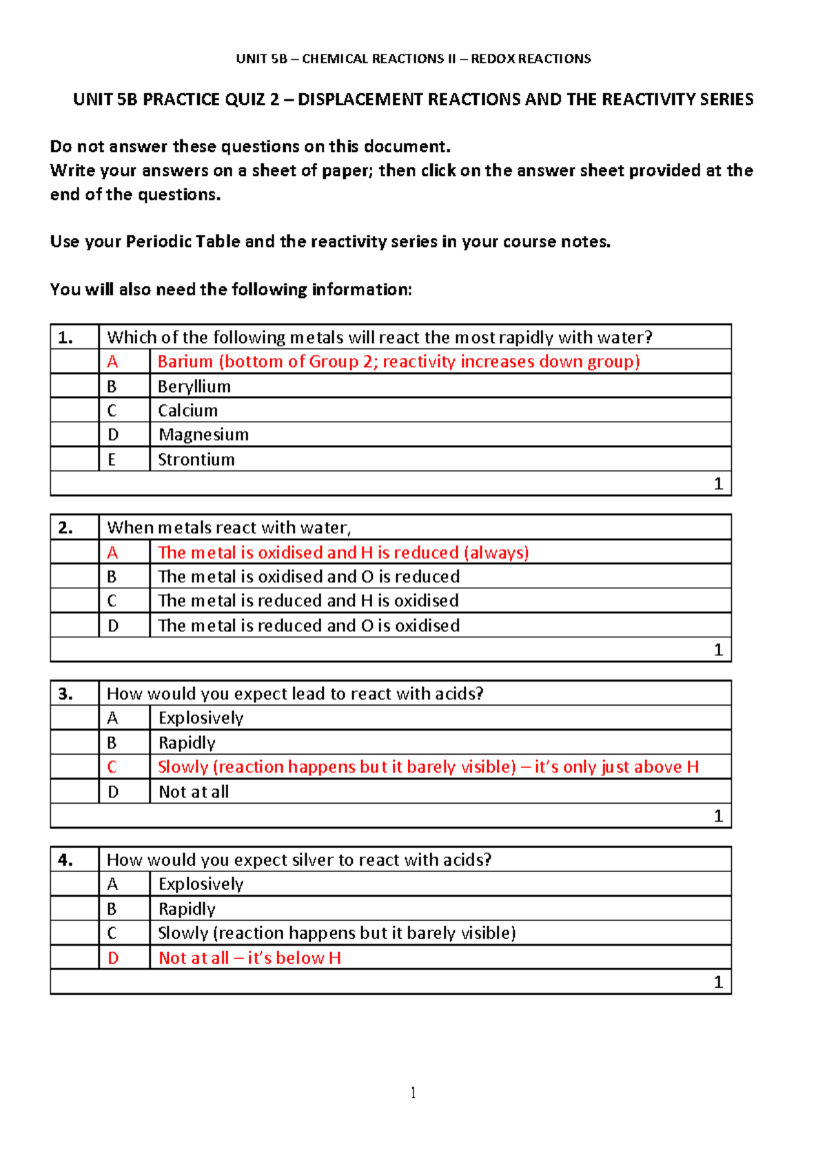 Unit 5b practice quiz ii - displacement reactions and the reactivity ...