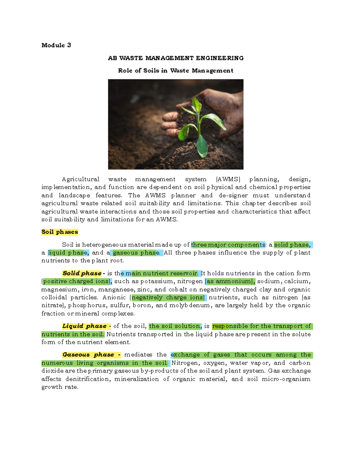 Module 3 - Role of Soils in Waste Management - Module 3 AB WASTE MANAGEMENT ENGINEERING Role of ...