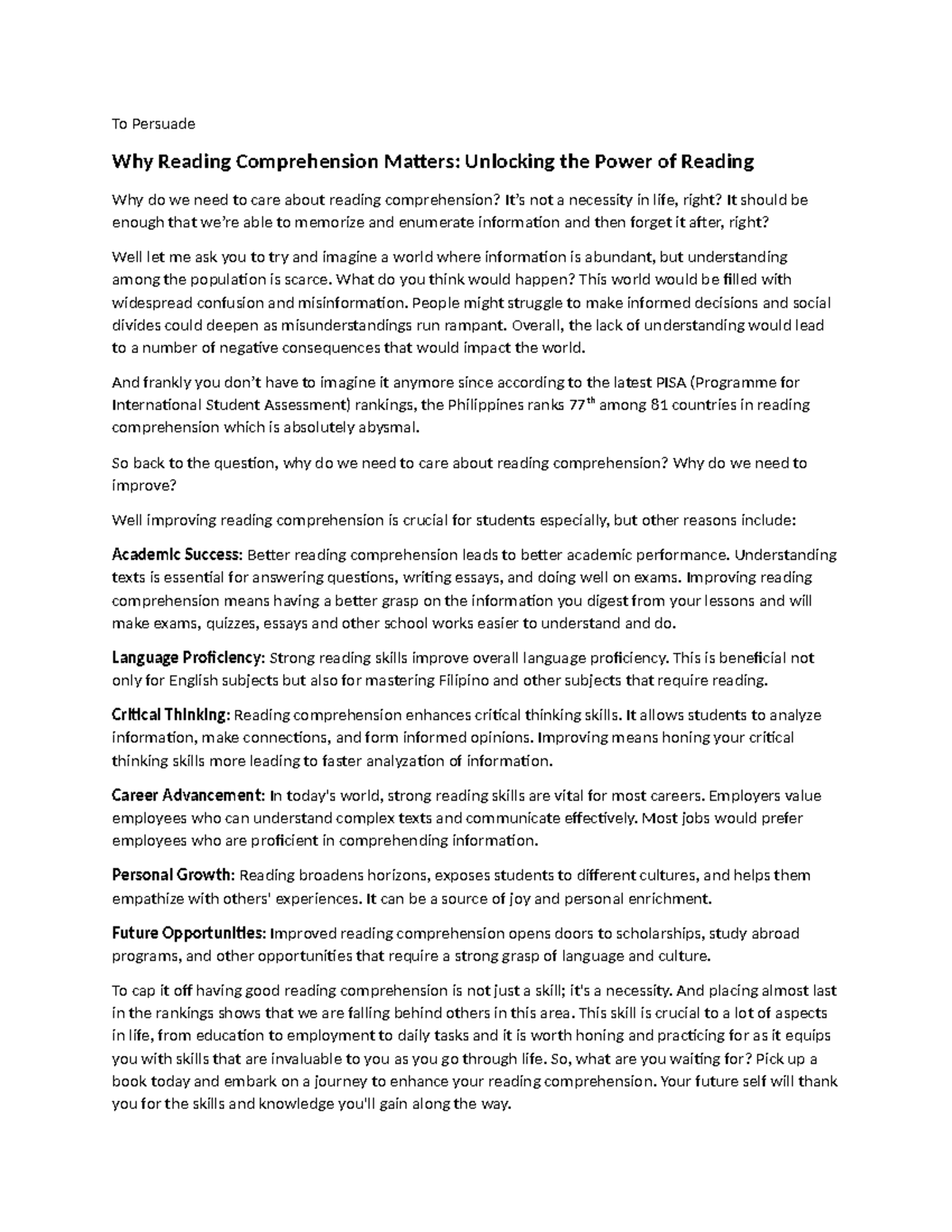 To Persuade - aSSIGNMENT - To Persuade Why Reading Comprehension ...
